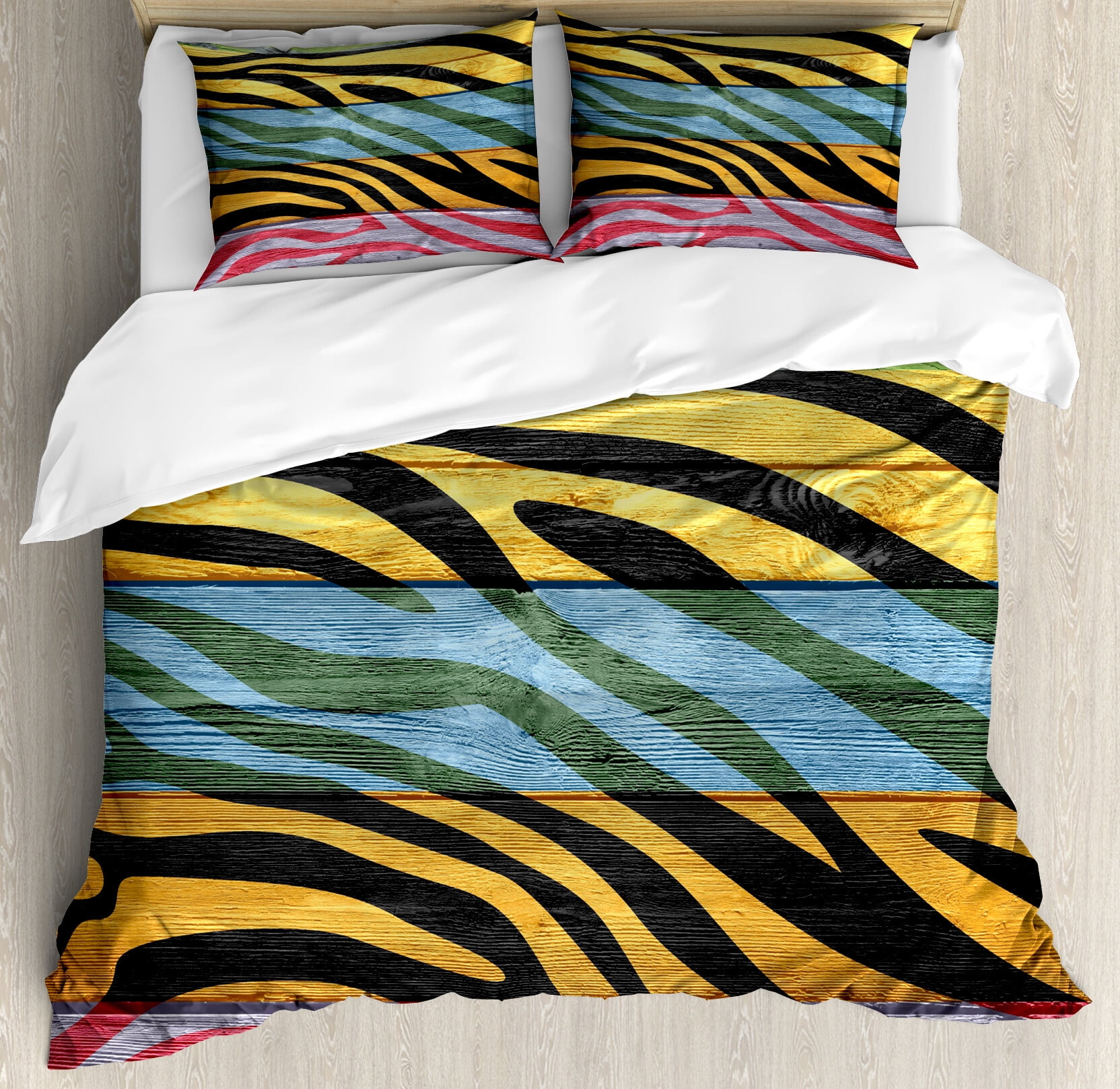 Zebra Print Duvet Cover Set, Colorful Zebra Print on Hardwood Timber ...
