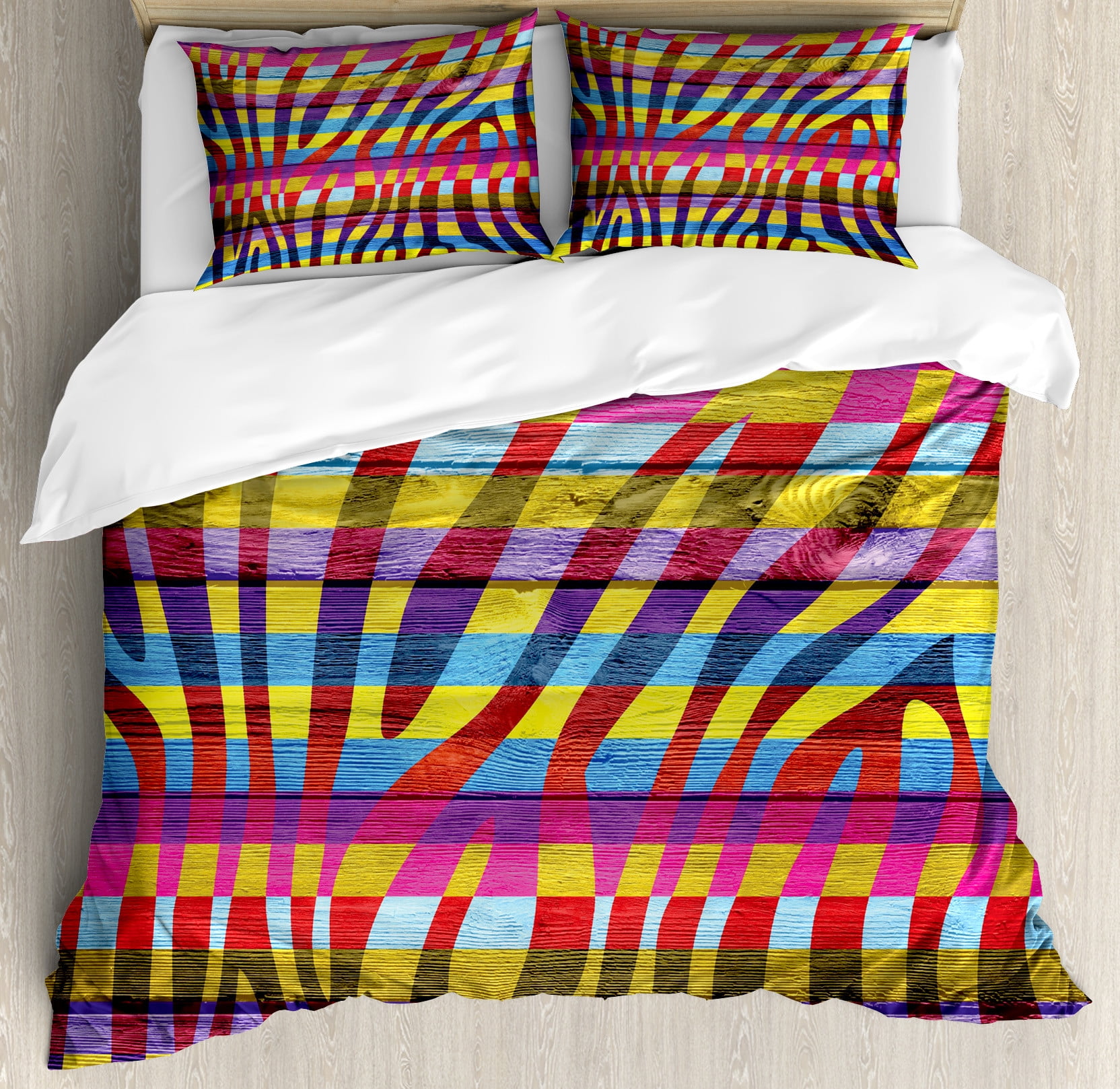 Zebra Print Duvet Cover Set, Vibrant Colored Zebra Print on Wooden ...