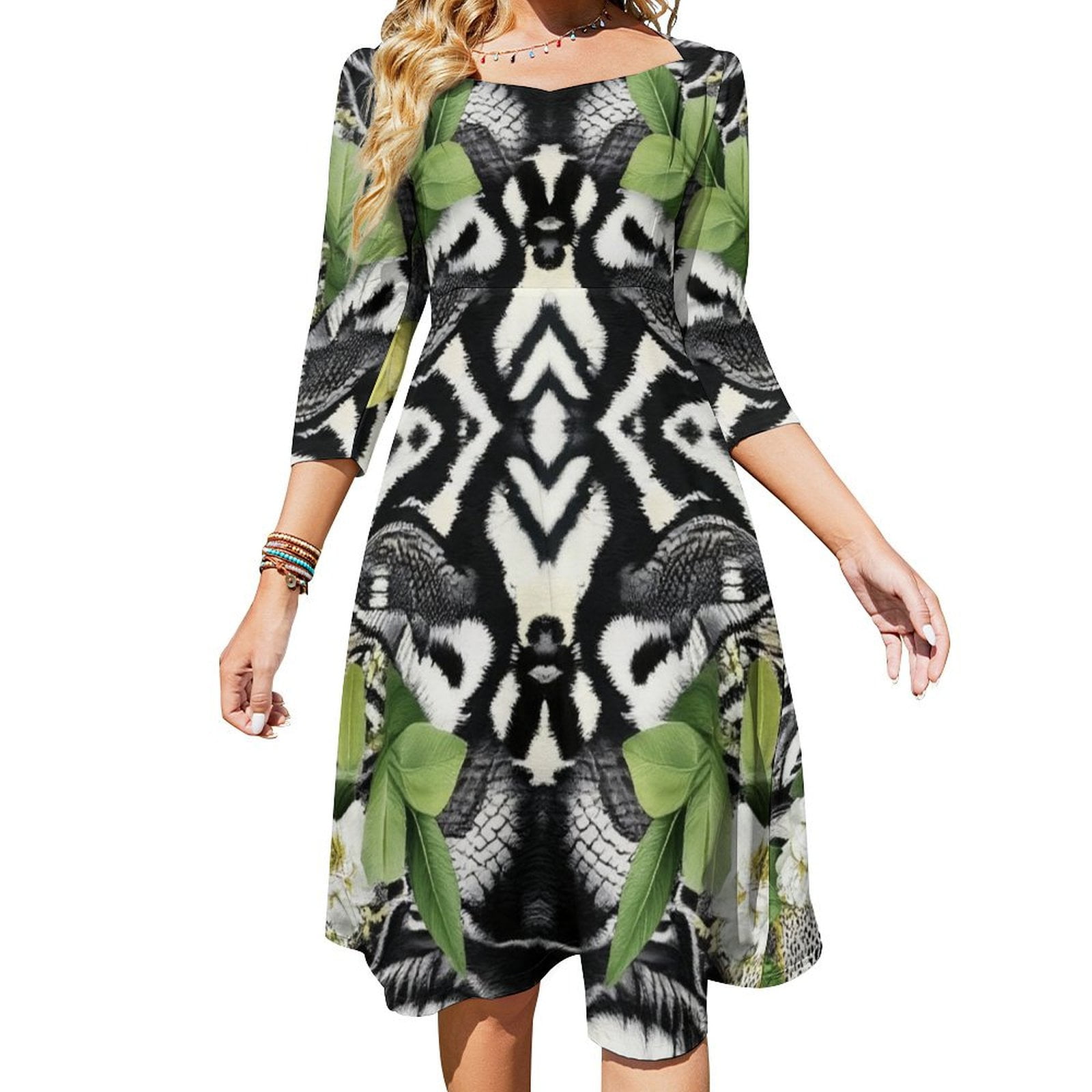 Zebra Print Floral Kaleidoscope Sweetheart Knot Flared Dress Fashion ...