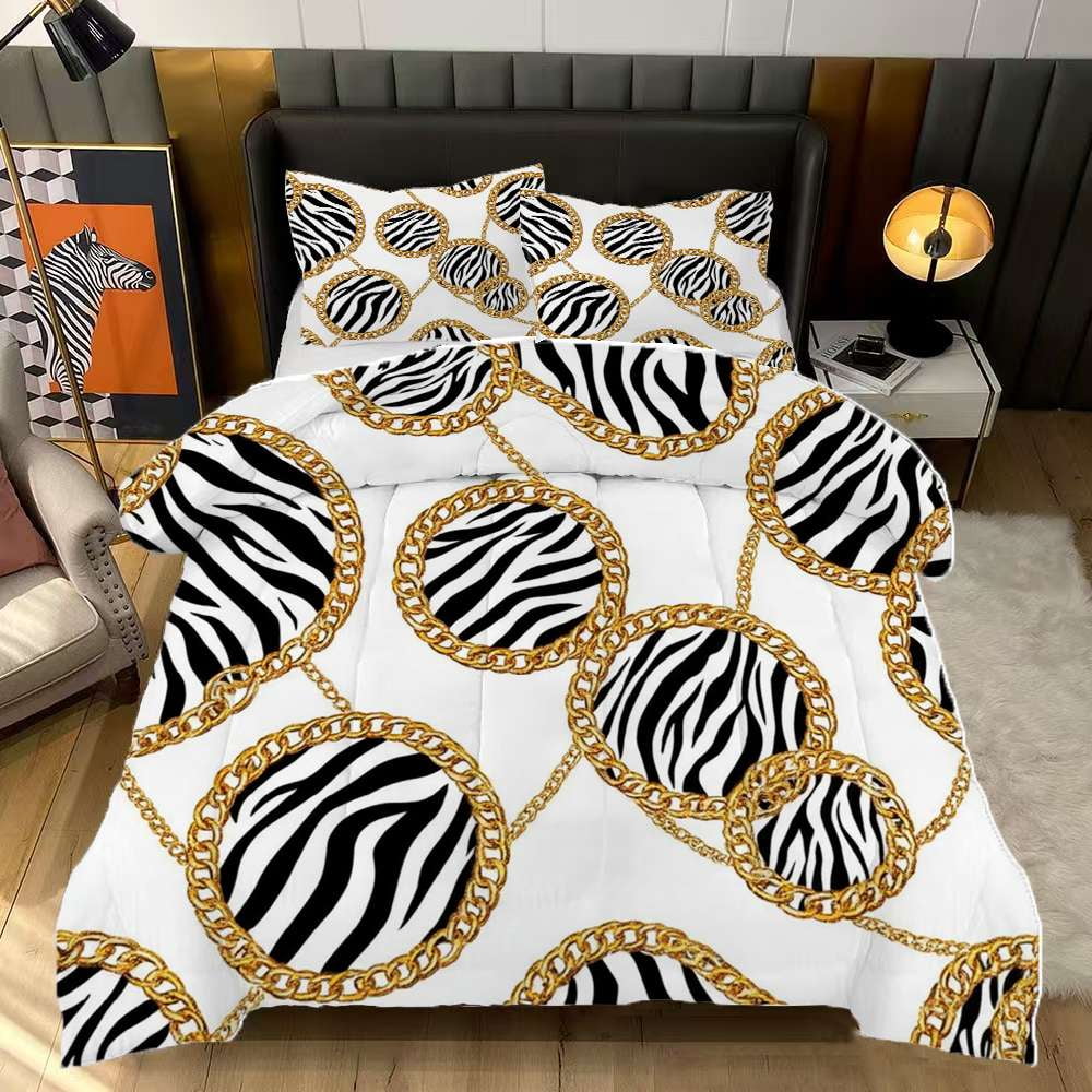 Zebra Print Gold Chain Pattern Comforter Set Queen Size Bedding Set For ...