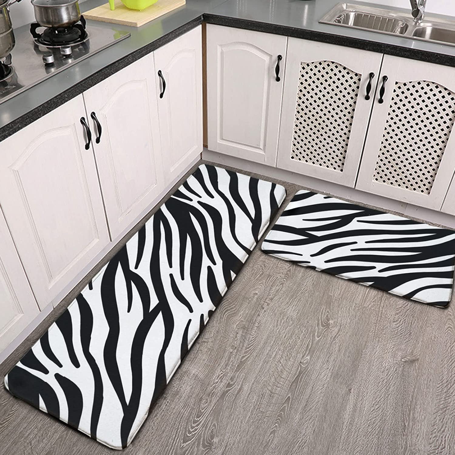 Zebra Print Kitchen Rug Set 2 PCS Floor Mats Washable Non-Slip Soft ...