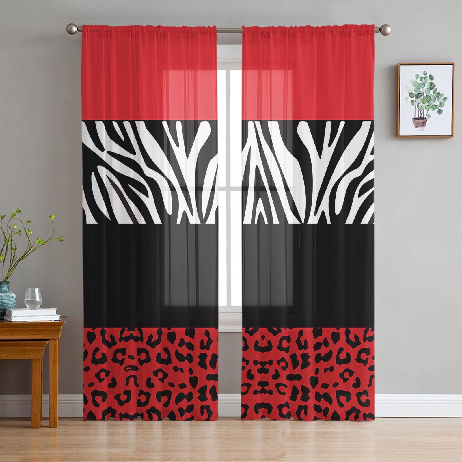 Zebra Print Leopard Red Black Tulle Curtains for Living Room Bedroom r ...