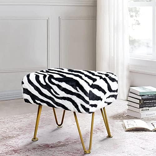 Zebra-Print Rectangle Faux Fur Ottoman Soft Fuzzy Entryway Bench Seat ...