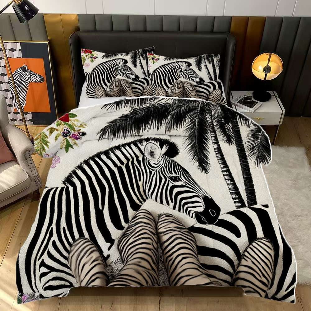 Zebra Print Rug Tropical Palms Comforter Set King Size Bedding Set For ...