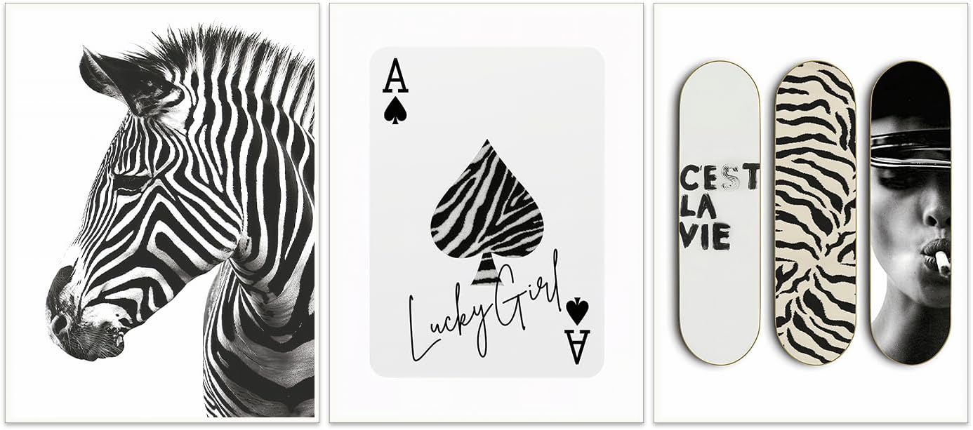 Zebra Print Wall Art Set of 3, Y2K Preppy Aesthetic Posters, Black ...