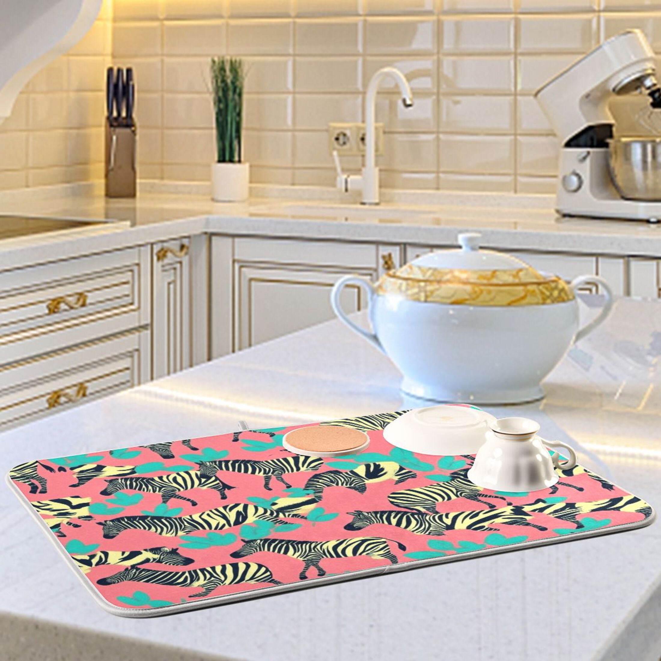 Zebra Print on Pink Background Dish Drying Mats for Kitchen Counter ...