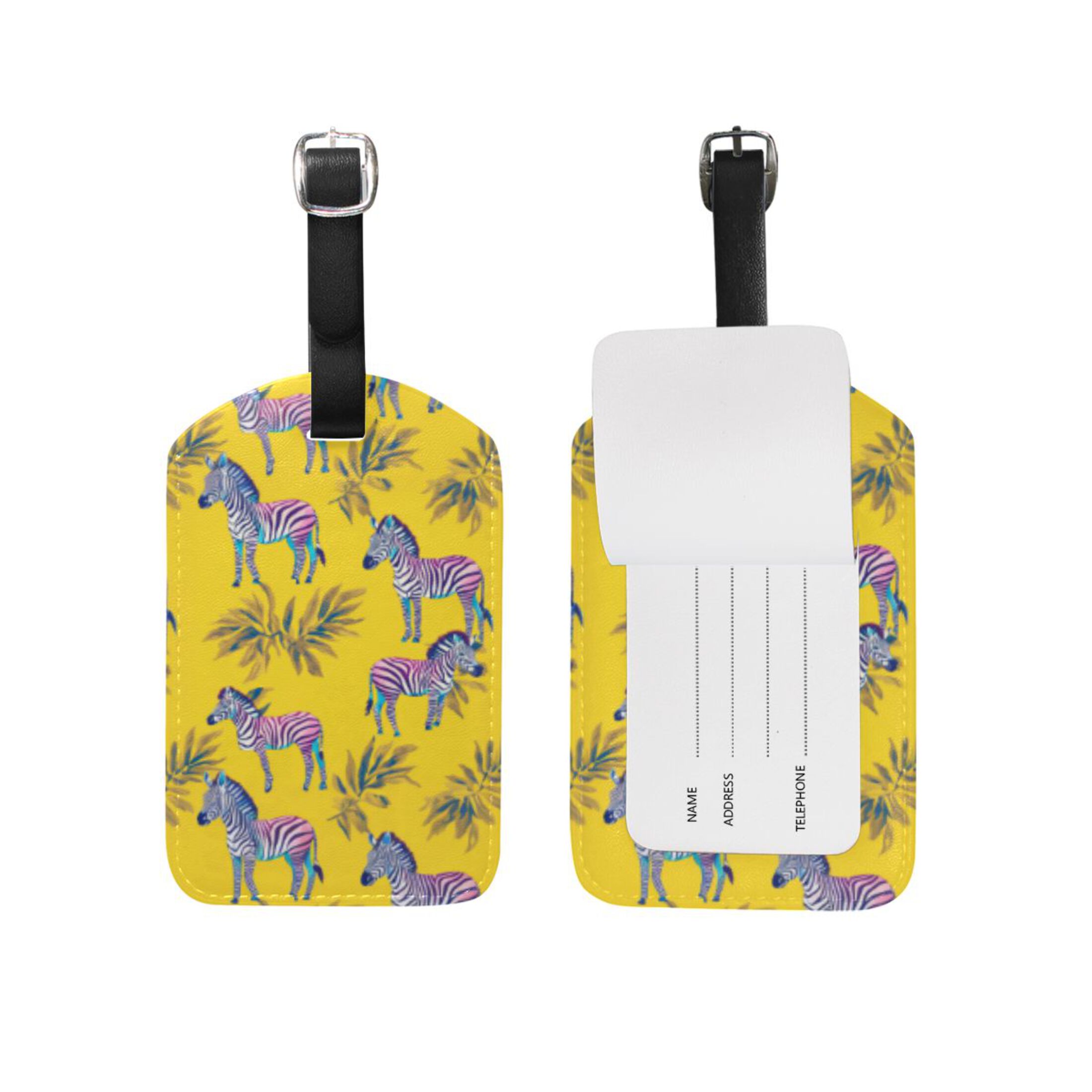 Zebra Print on Yellow Luggage Tags PU Leather Name ID Labels for ...