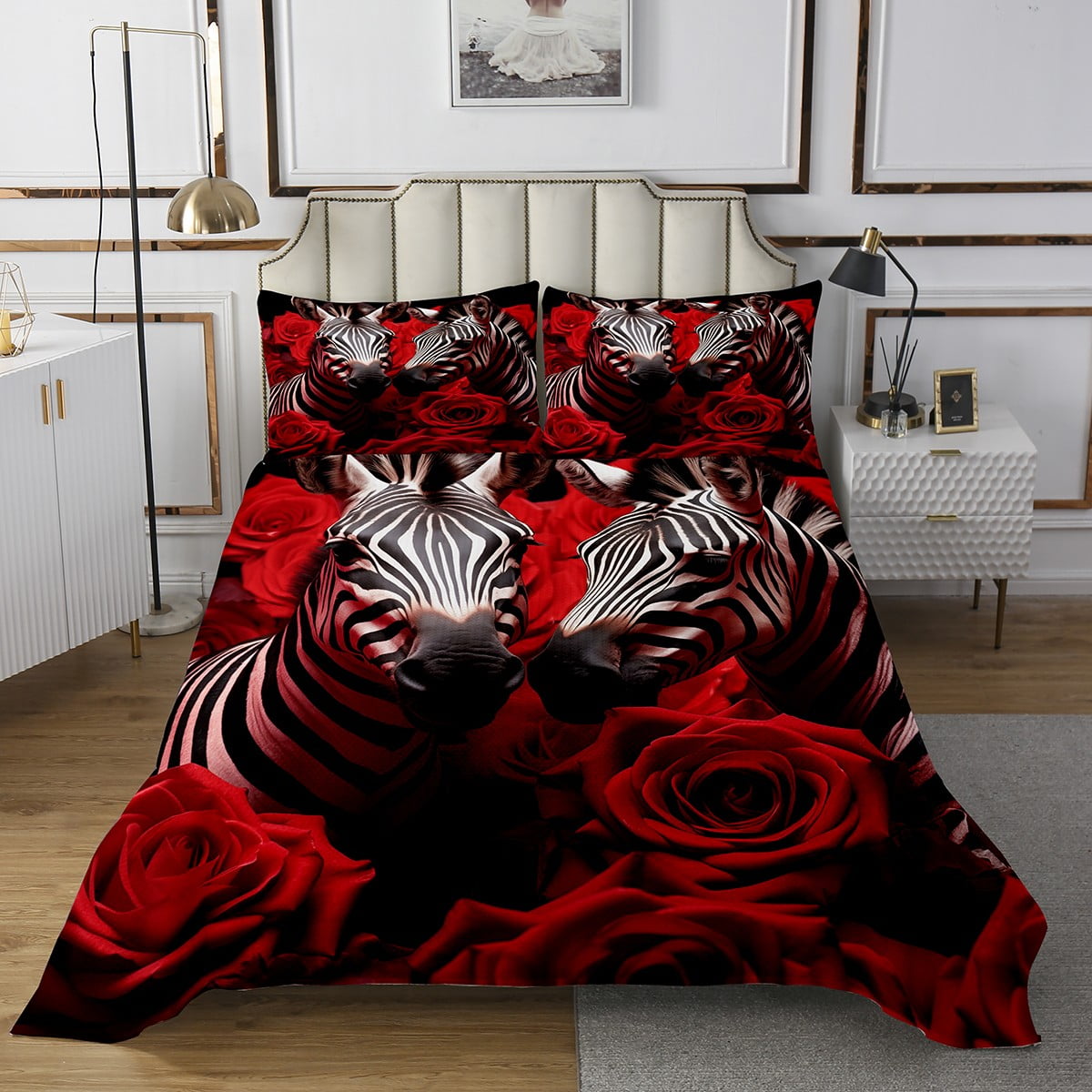 Zebra Quilt Set Red Rose Flowers Bedspread Set King,Black and White ...