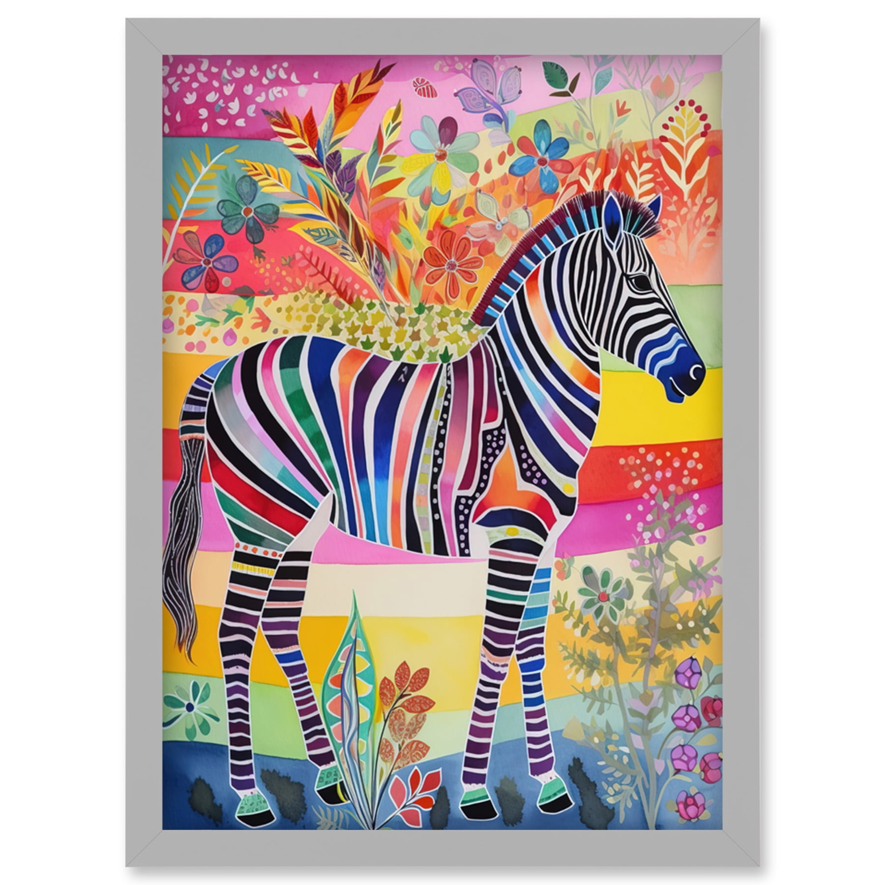 Zebra Rainbow Floral Abstract Folk Art Artwork Framed Wall Art Print A4 ...