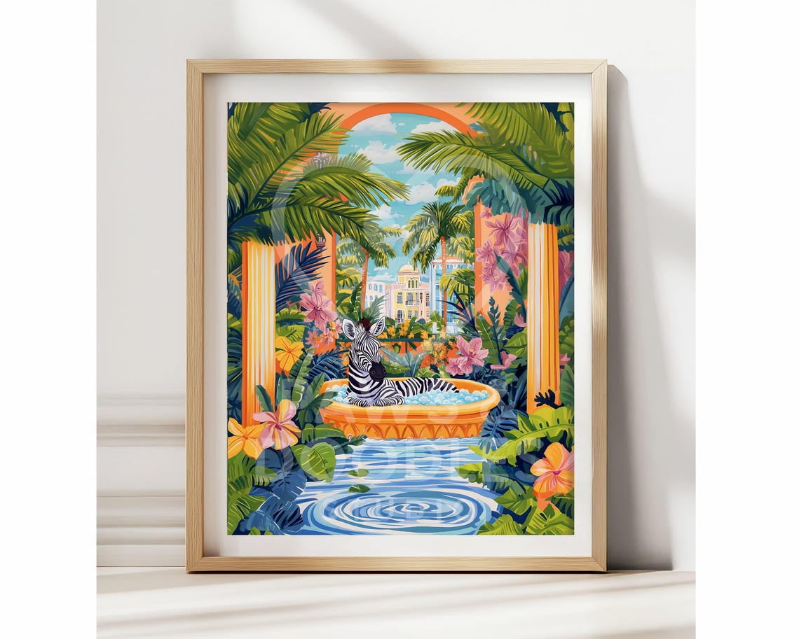 Zebra Relaxing In Bathtub Tropical Poster Island Luxe Jungle Decor ...