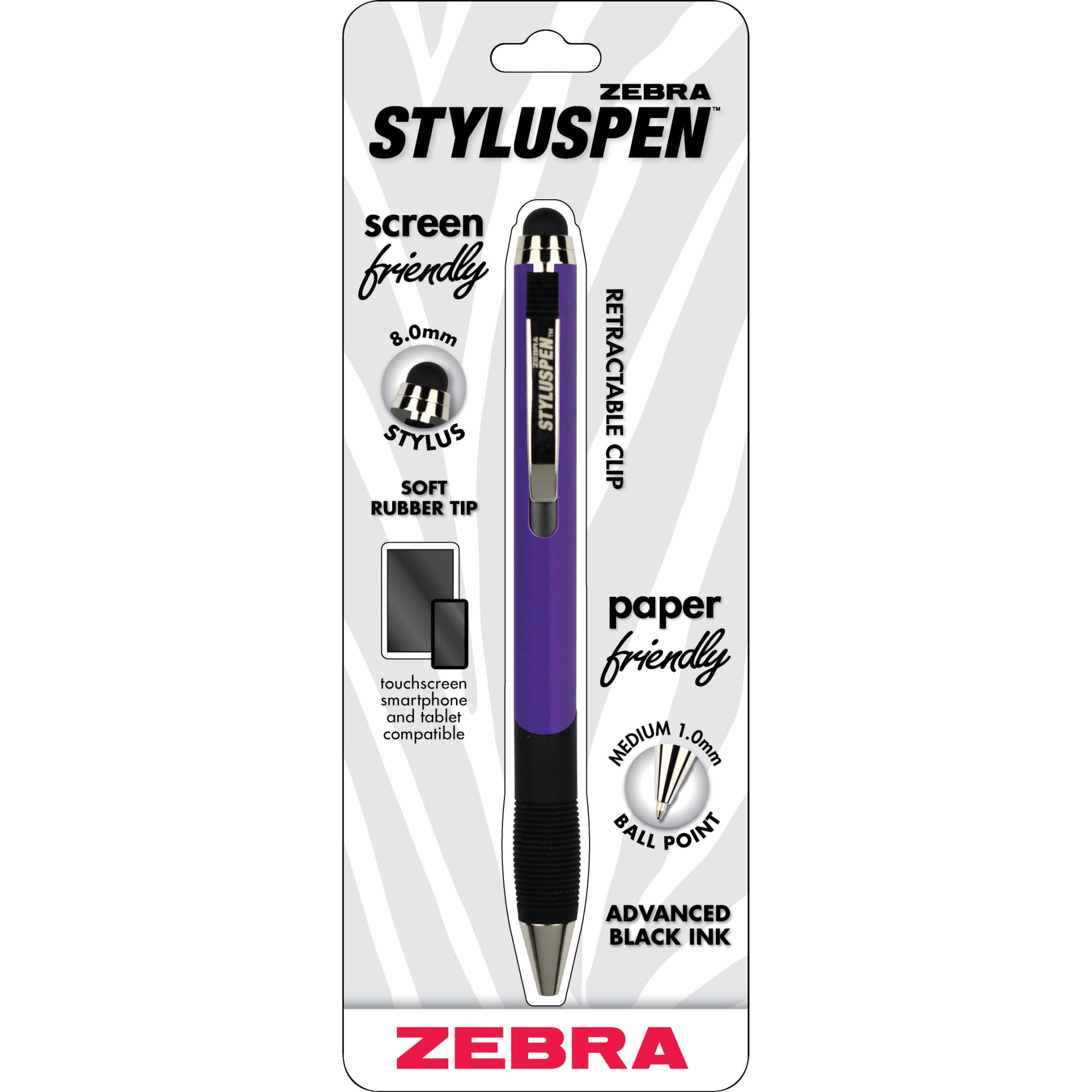 Zebra® STYLUSPEN™ Retractable Stylus Pen With Grip, Medium Point, 1.0 ...