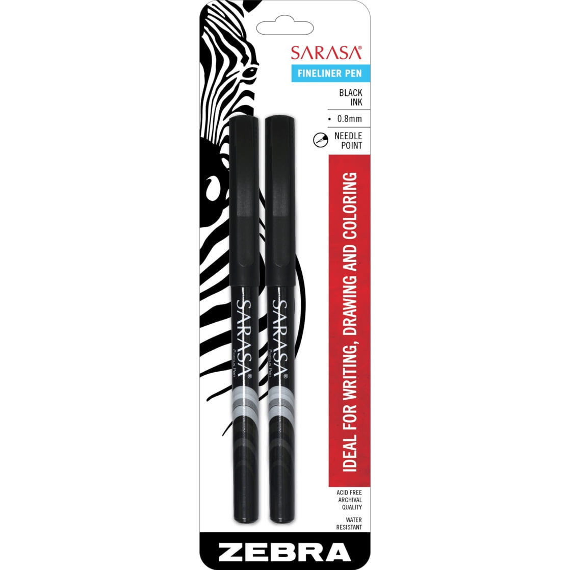 Zebra Sarasa Fineliner Pen, Needle Point, 0.8mm, Black, 2-Pack ...