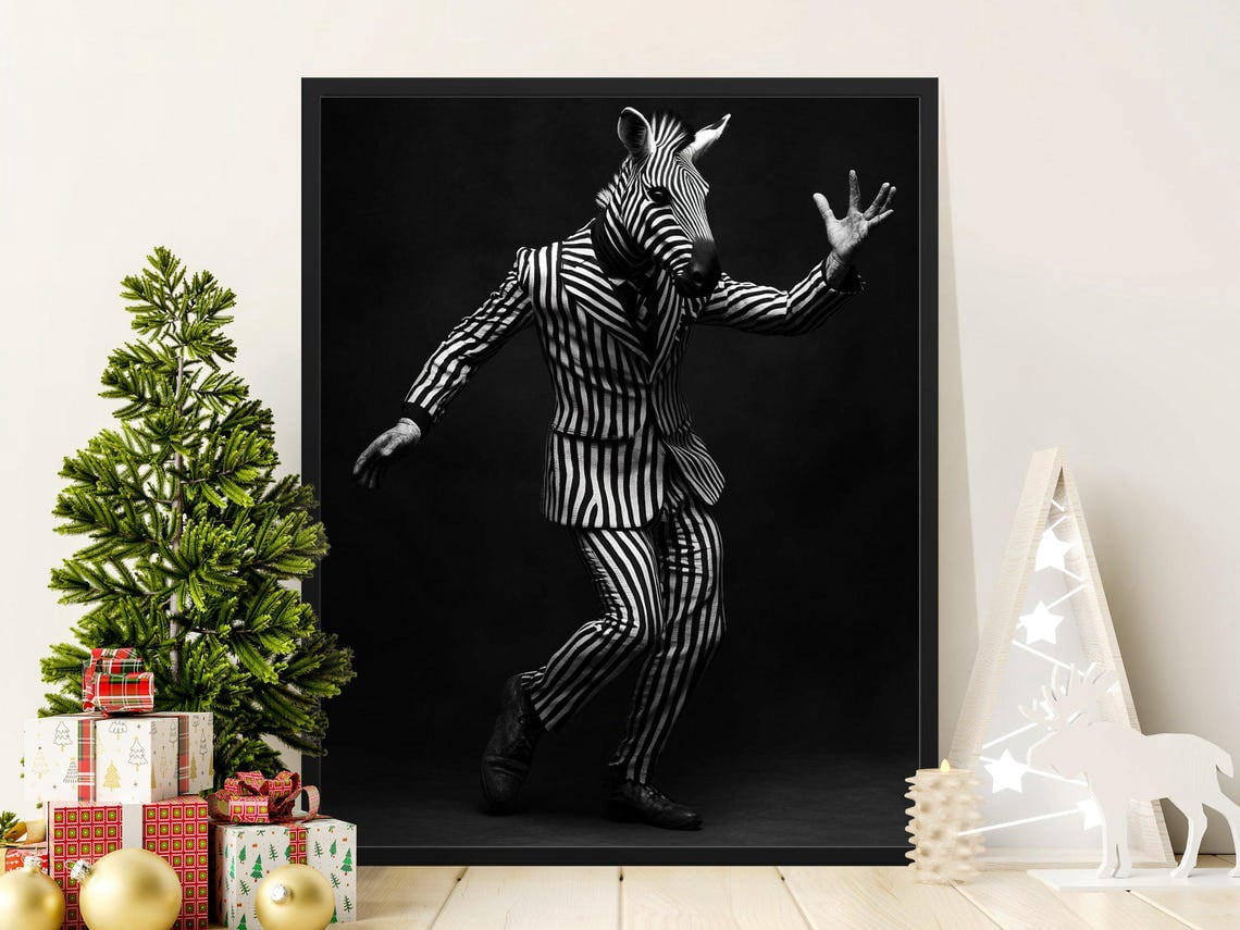 Zebra Striped Suit Poster, Animal Head Portrait Art, Unique Wall Decor ...