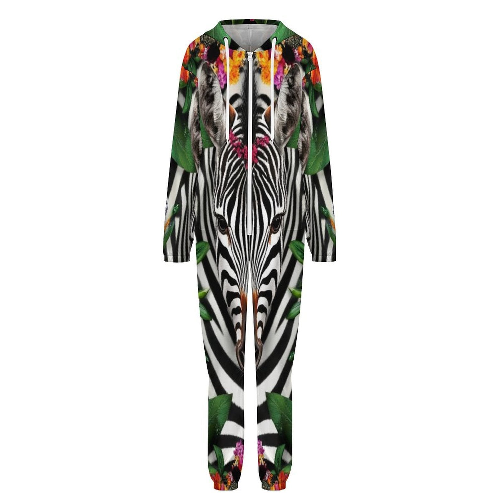 Zebra Tropical Flowers Vibrant Print Unisex Adult Onesie Pajamas with ...