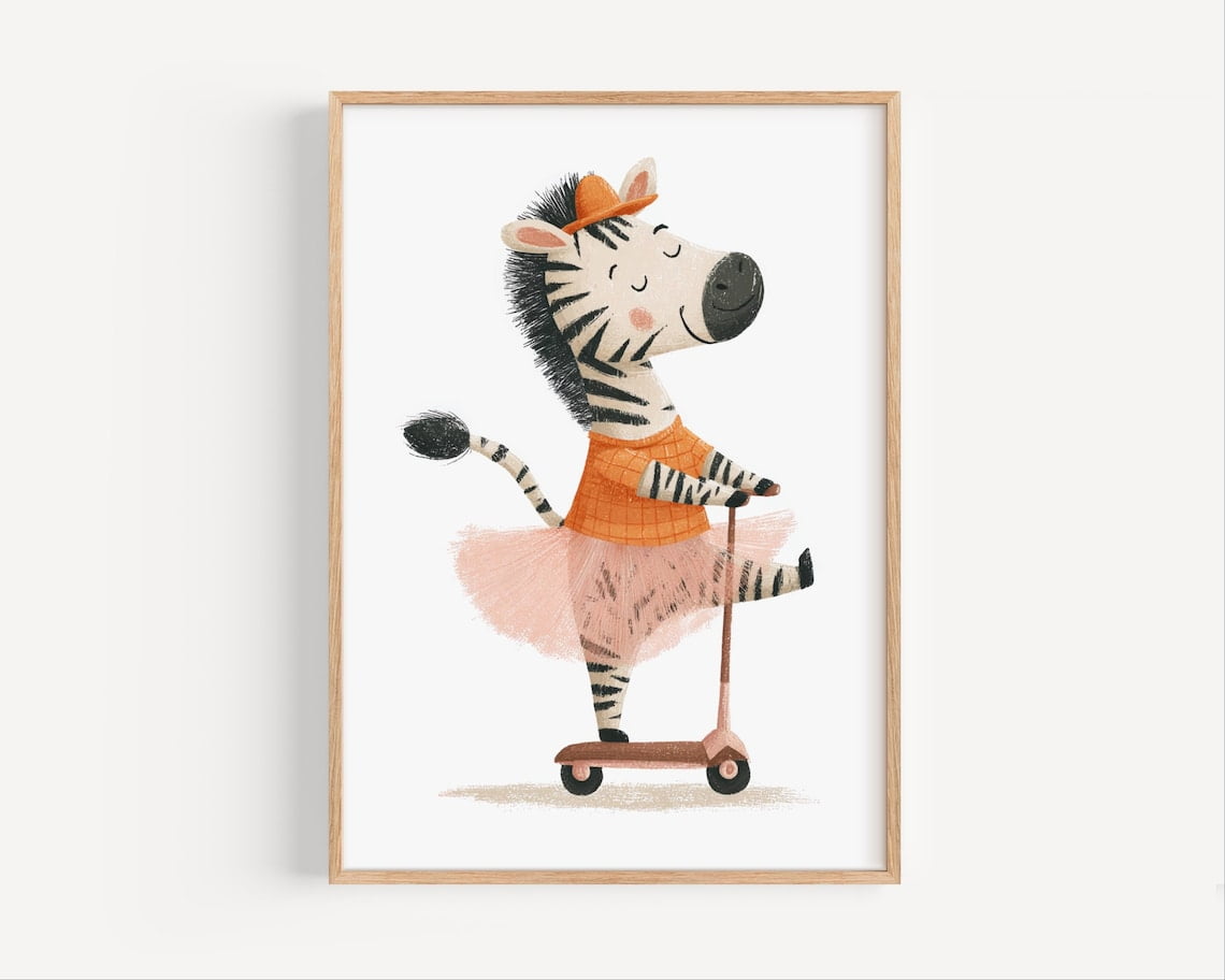 Zebra Tutu Scooter Art Poster, Girl Nursery Decor, Unframed Poster Size ...