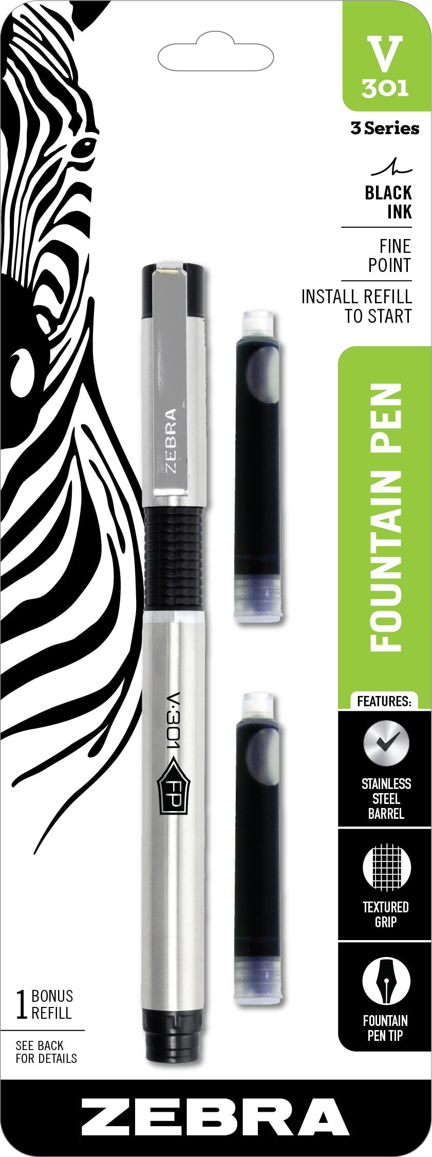Zebra V-301 Stainless Steel Fountain Pen with Bonus Refill, Fine Point ...