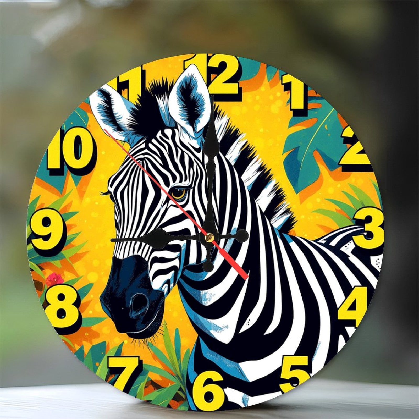 Zebra Wall Clock Colorful Tropical Design 10-Inch Silent Wooden Wall ...