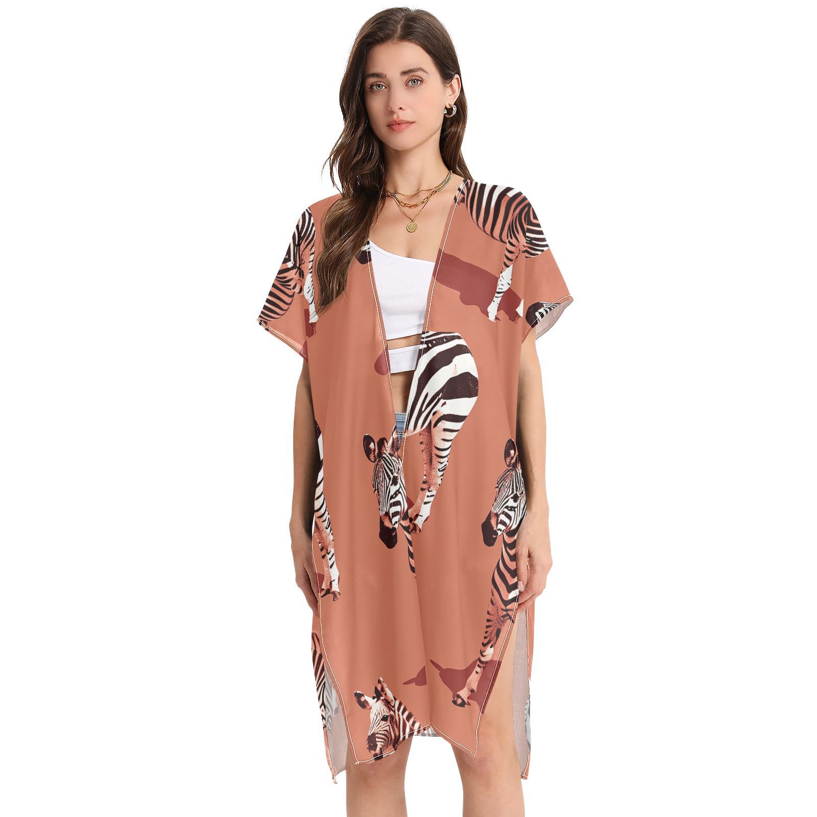Zebra Women Swimsuit Cover up V Neck Beach Dress Short Sleeve Vacation ...