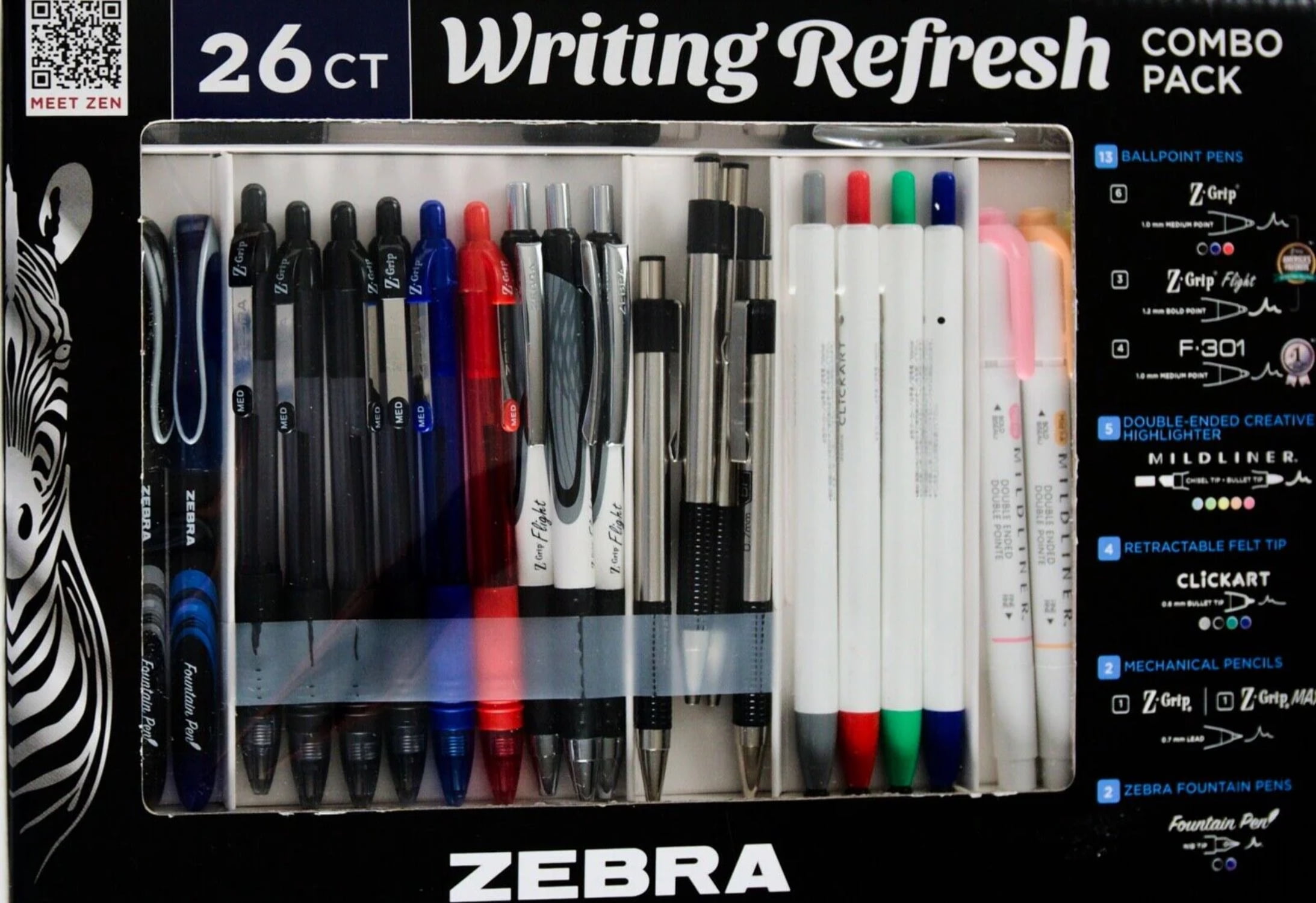Zebra Writing Refresh Combo Pack Z-Grip F-301 Mildliner Fountain Pens ...