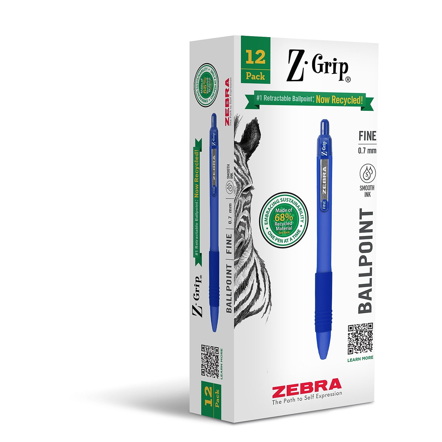 Zebra Z-Grip Recycled Retractable Ballpoint Pens Fine Point 0.7mm Blue ...