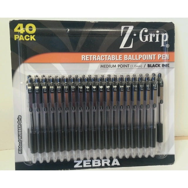 Zebra Z-Grip Retractable Ballpoint Pen, 1.0mm Black Ink, 40 Pack for ...