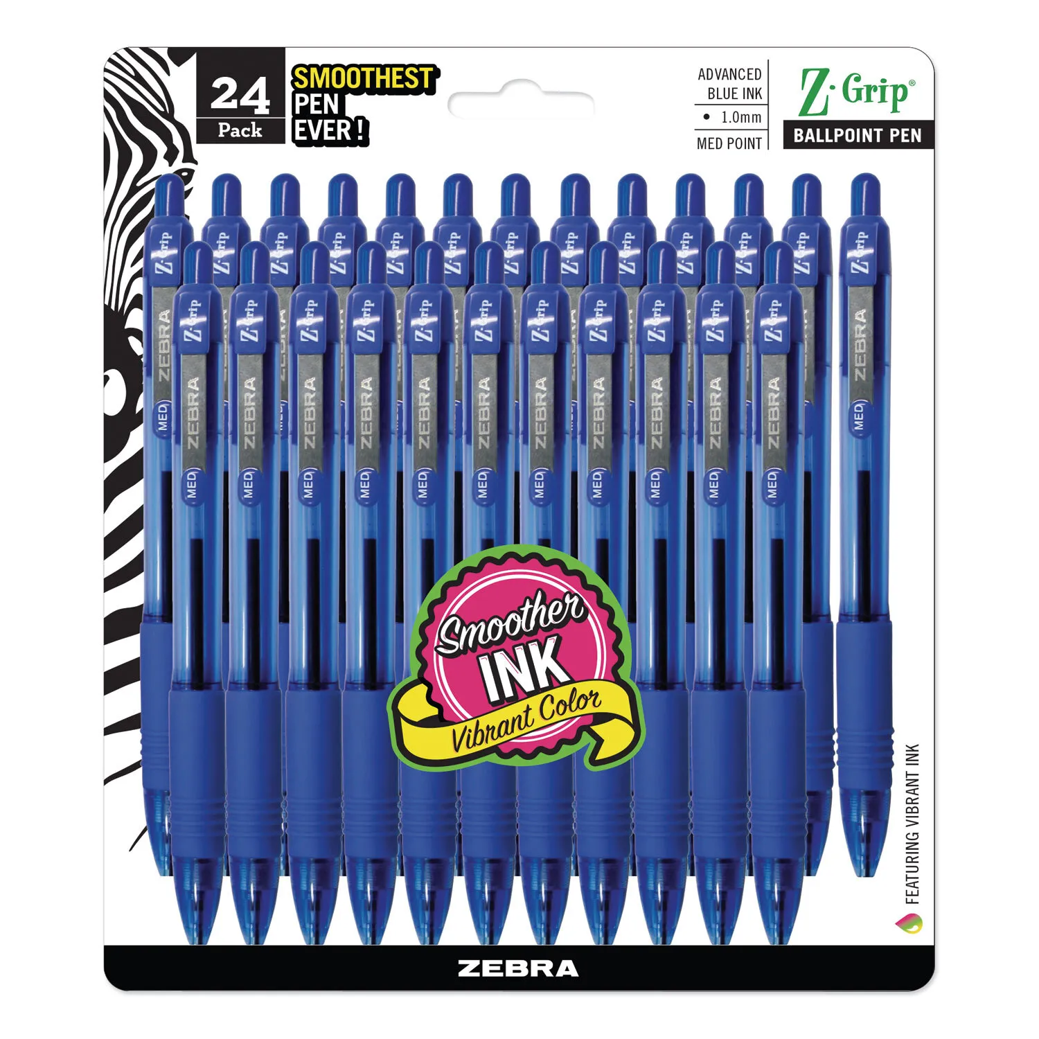 Zebra Z-Grip Retractable Ballpoint Pen Blue Ink Medium 24/Pack 12225 ...