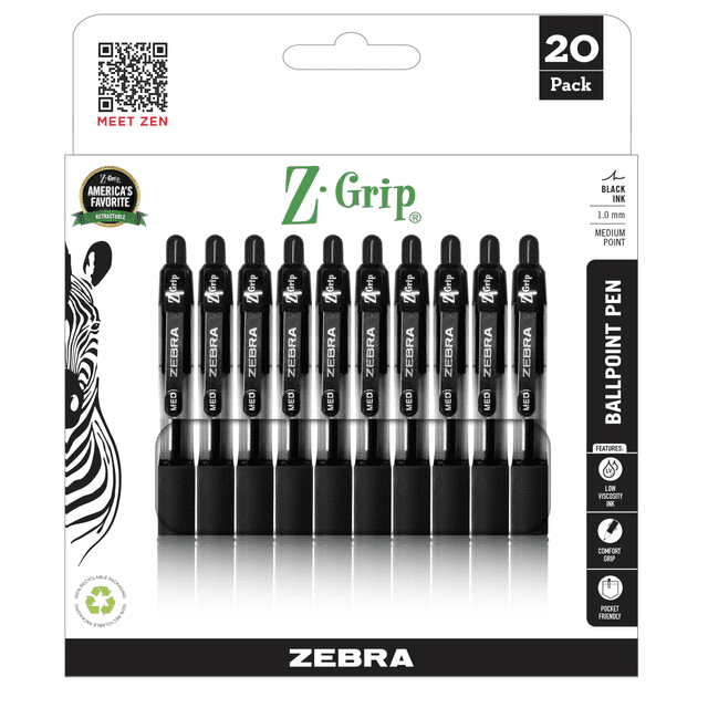 Zebra Z-Grip Retractable Ballpoint Pens, 1.0mm, Medium Tip, Black Ink ...