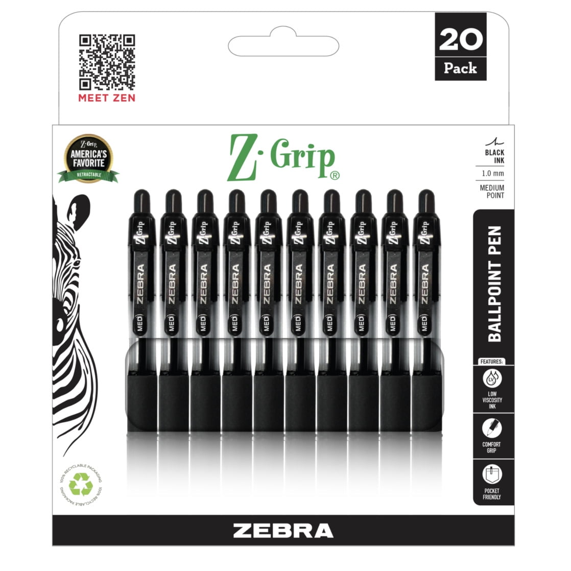 Zebra Ballpoint Pen with 1.0mm Medium Tip Black Ink Retractable 20 Pack ...