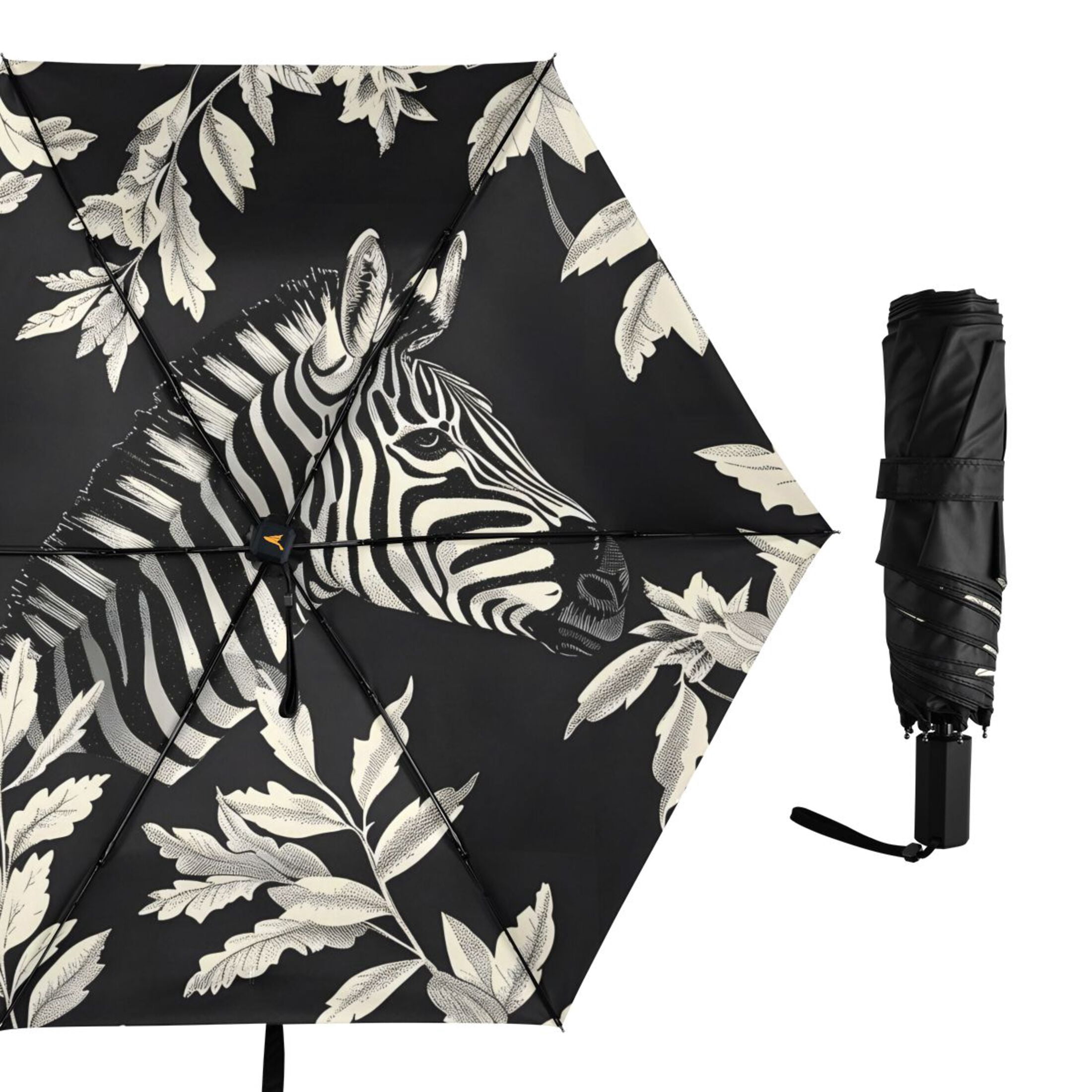Zebra and Leaves Triple Folding Umbrella Parasol 6 Ribs UV Protection ...