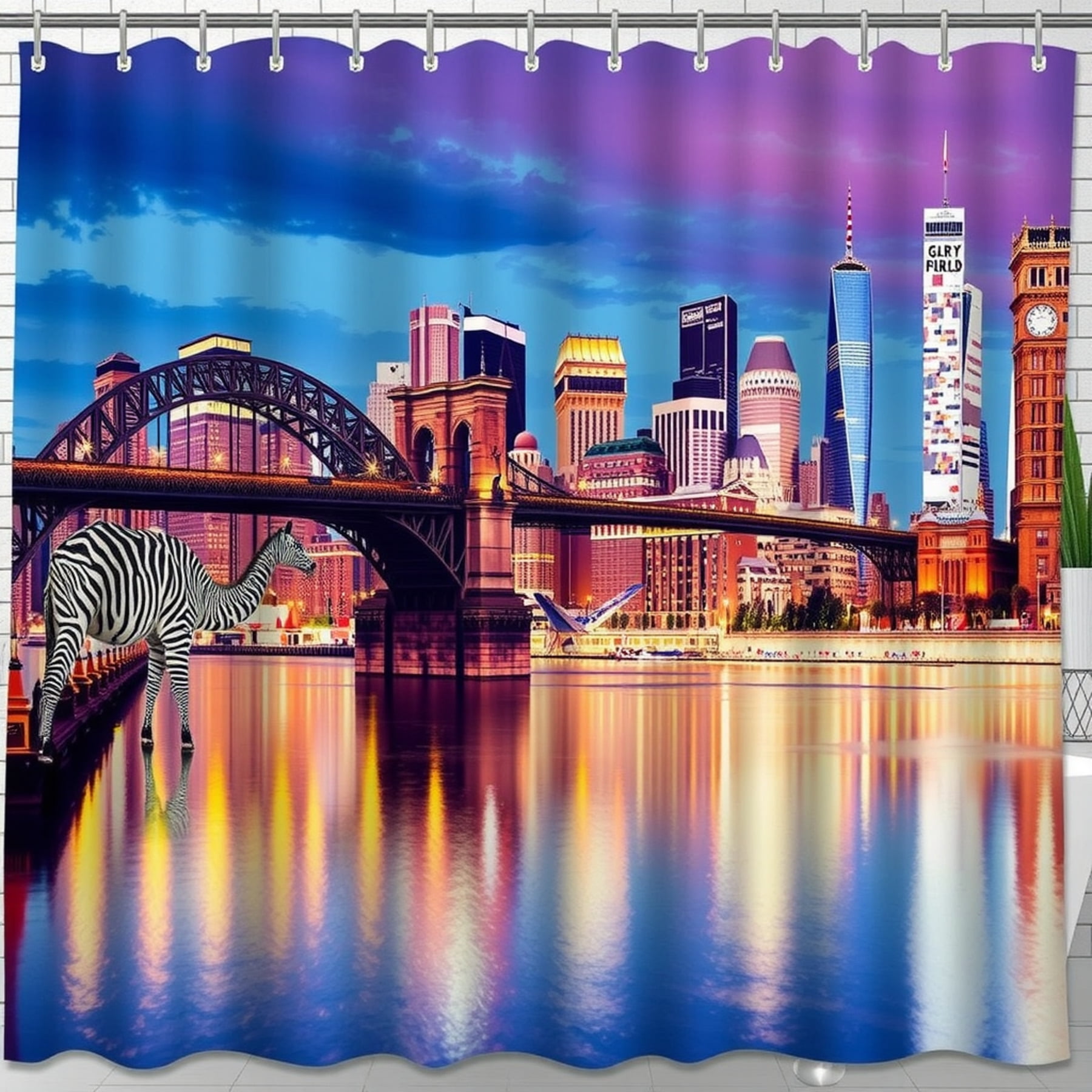 Zebra in the City Shower Curtain - Urban Reflection, Night Lights, Purple Sky - Unique Bathroom ...