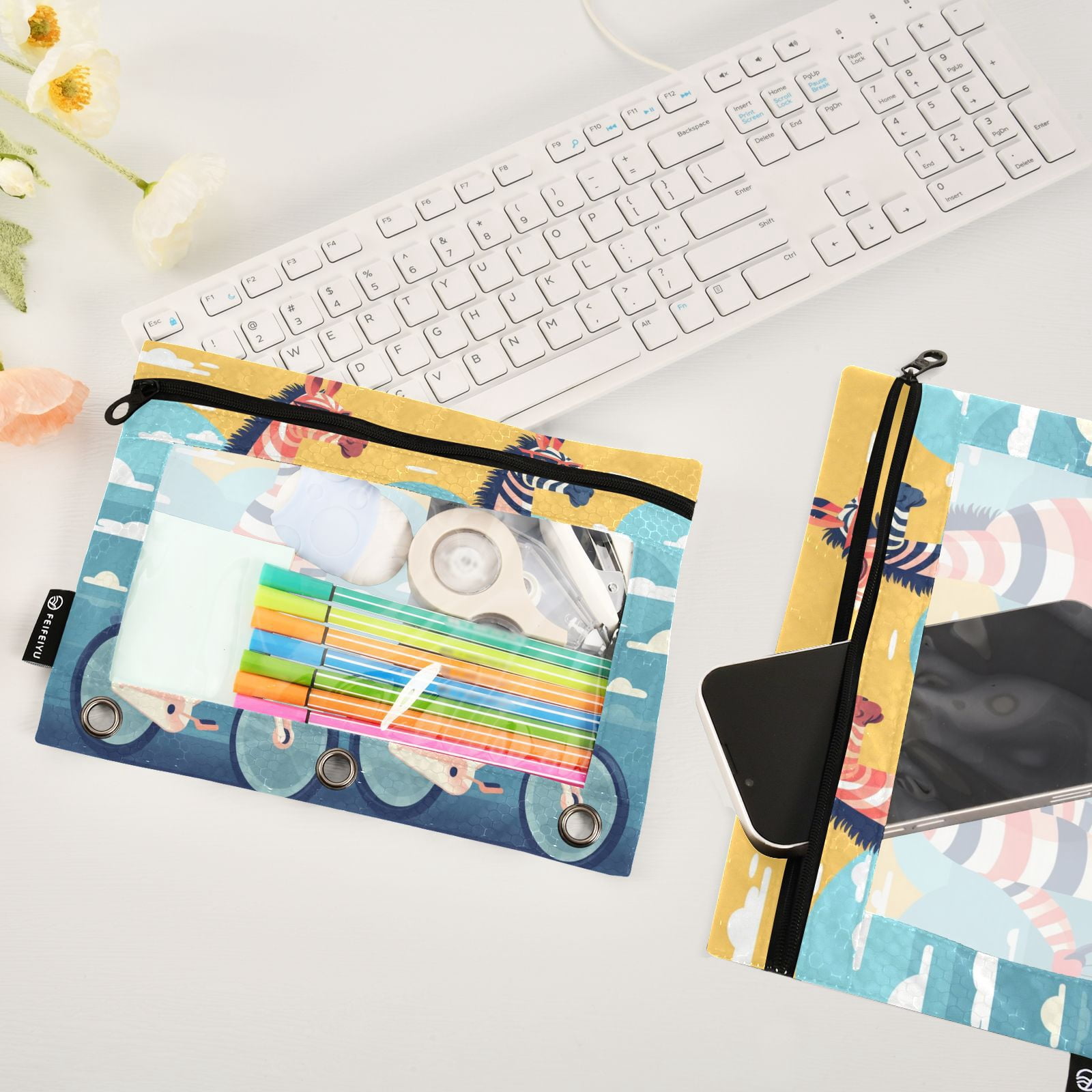 Zebras Bikes Clouds 2 Pack Pencil Pouches Zipper Pencil Case 3 Ring ...