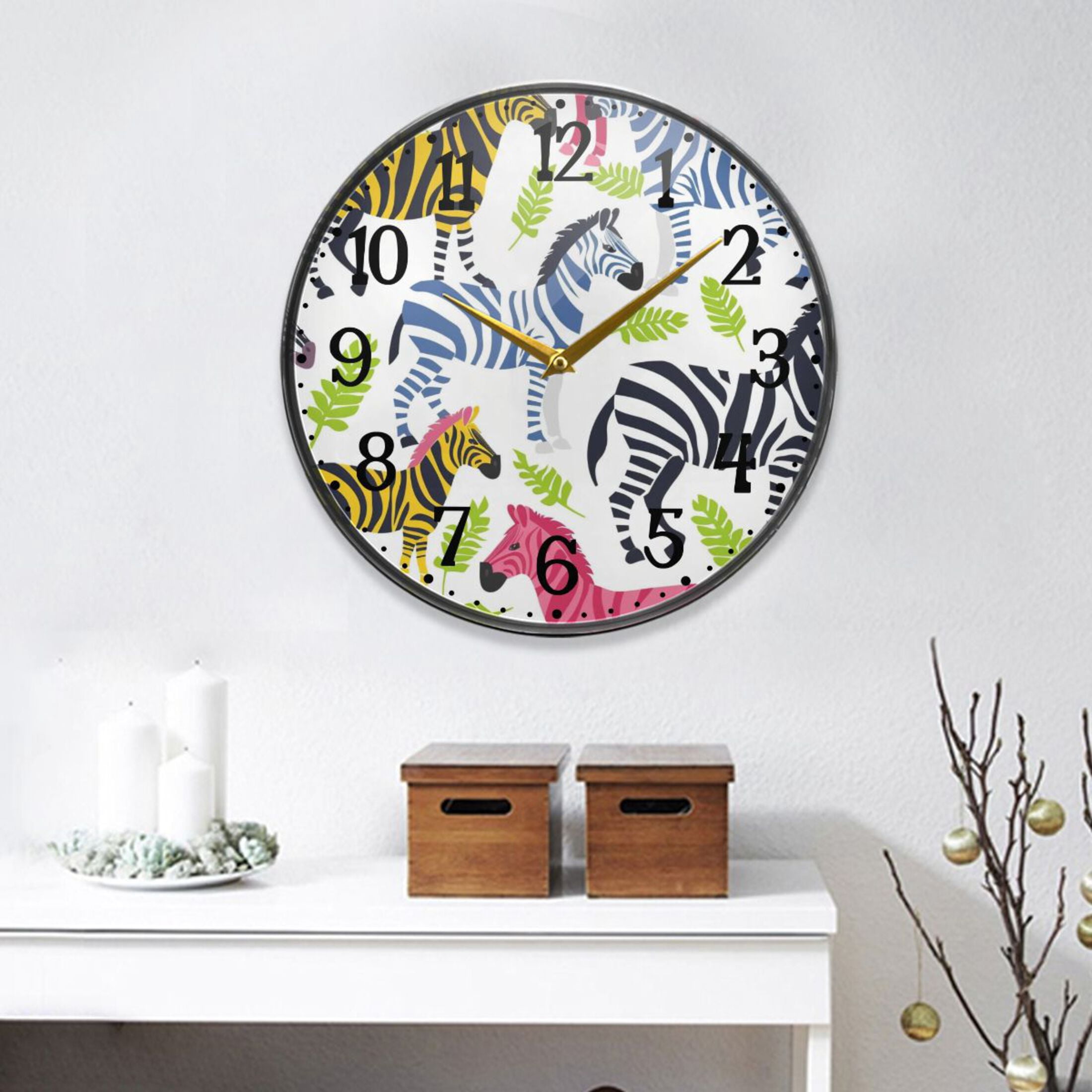 Zebras Outline and Leaf Round Wall Clock 9.5 Inch Non-Ticking Silent ...