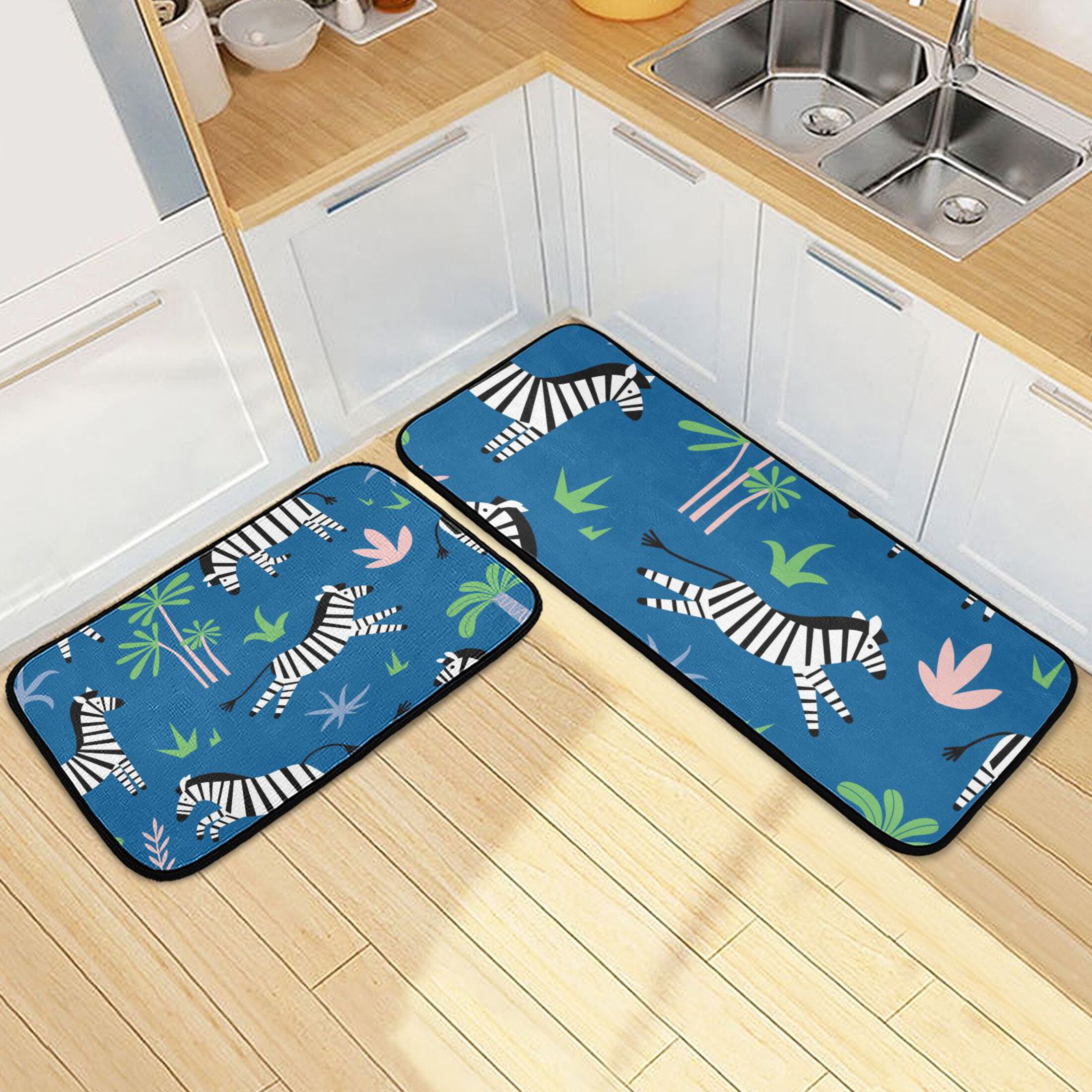 Zebras and Palm Trees Kitchen Rugs Set of 2 Non Slip Floor Foam Mat ...