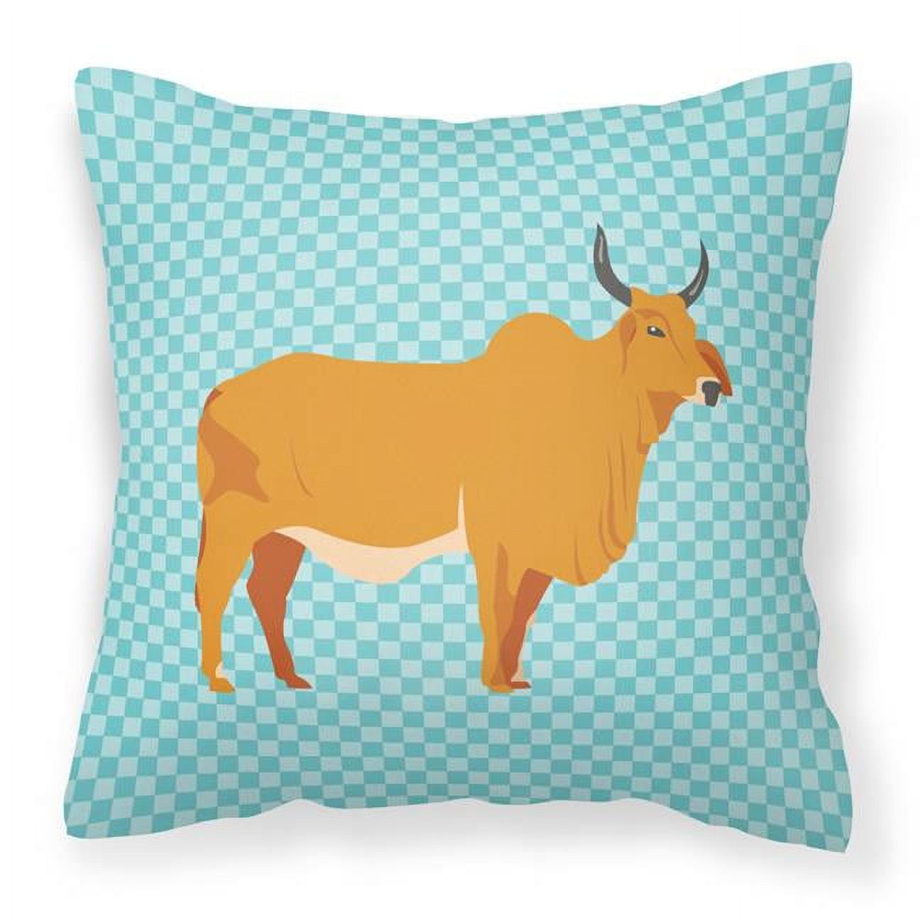 Zebu Indicine Cow Blue Check Fabric Decorative Pillow, 14 x 14 in ...