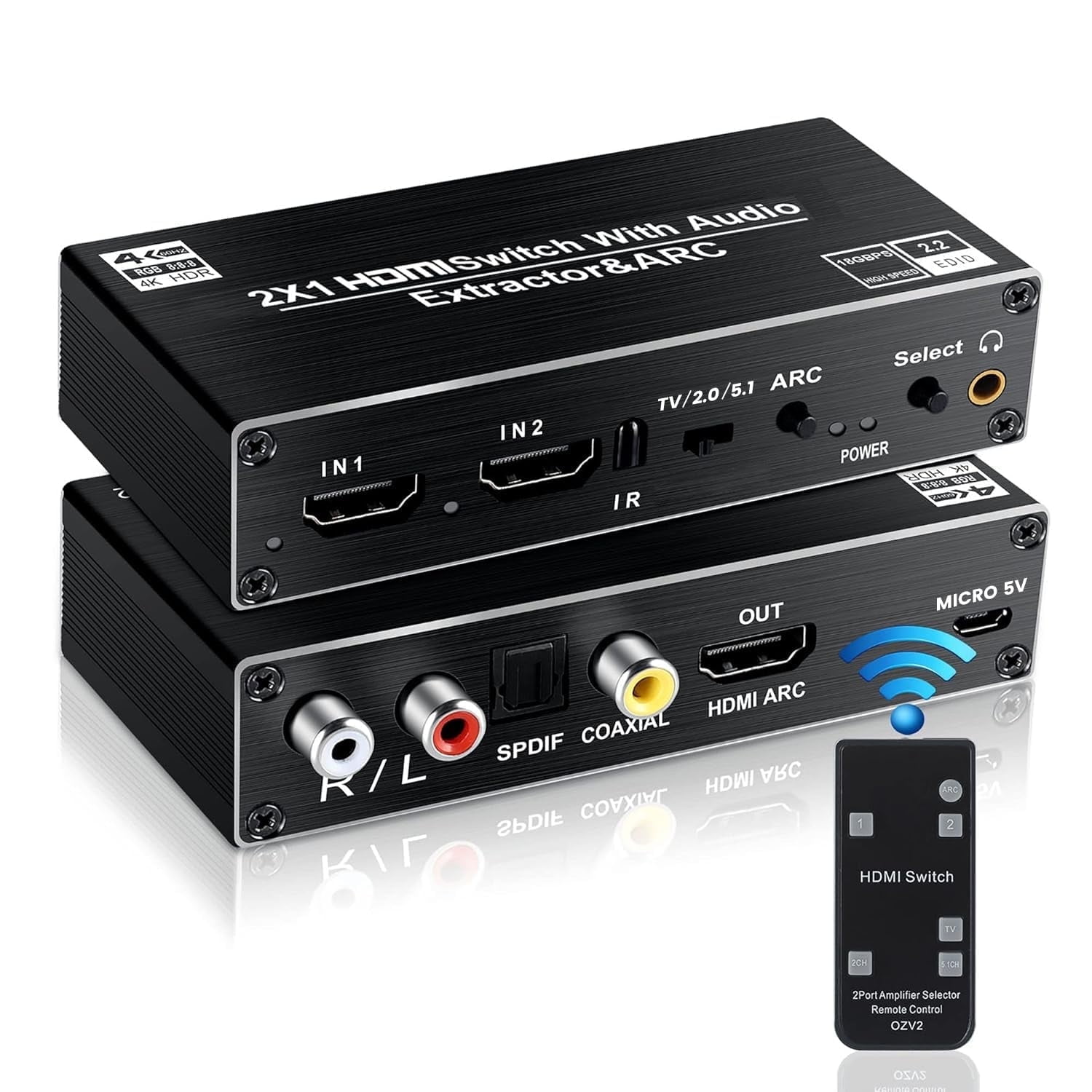 Zecamin HDMI Switch Audio Extractor, HDMI Switch Splitter 2 Inputs 1 ...