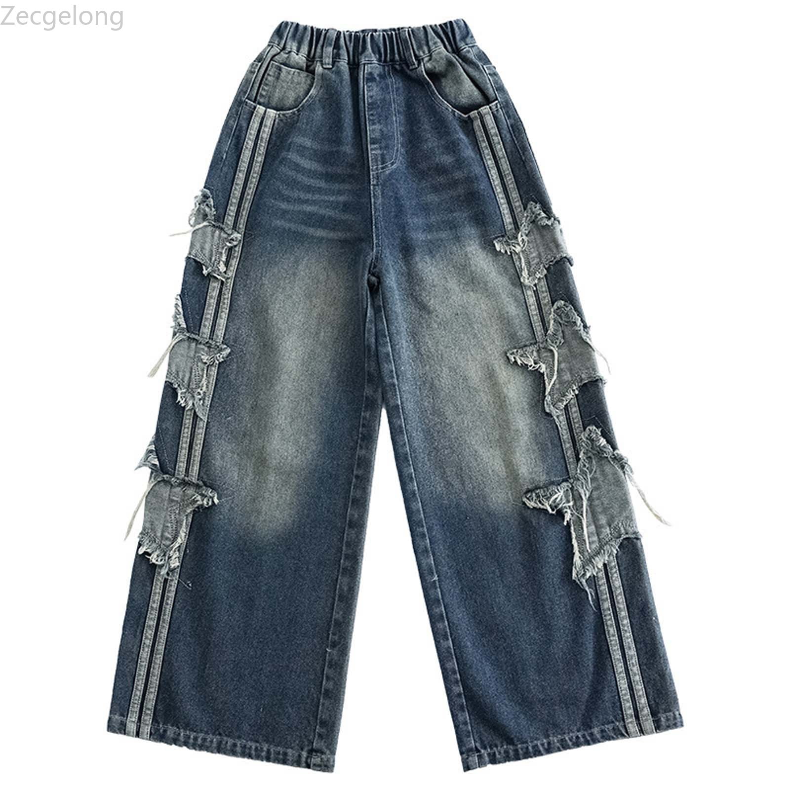 Zecgelong Girls Jeans Denim Elastic Wasit Wide Leg Baggy Pants Kids ...