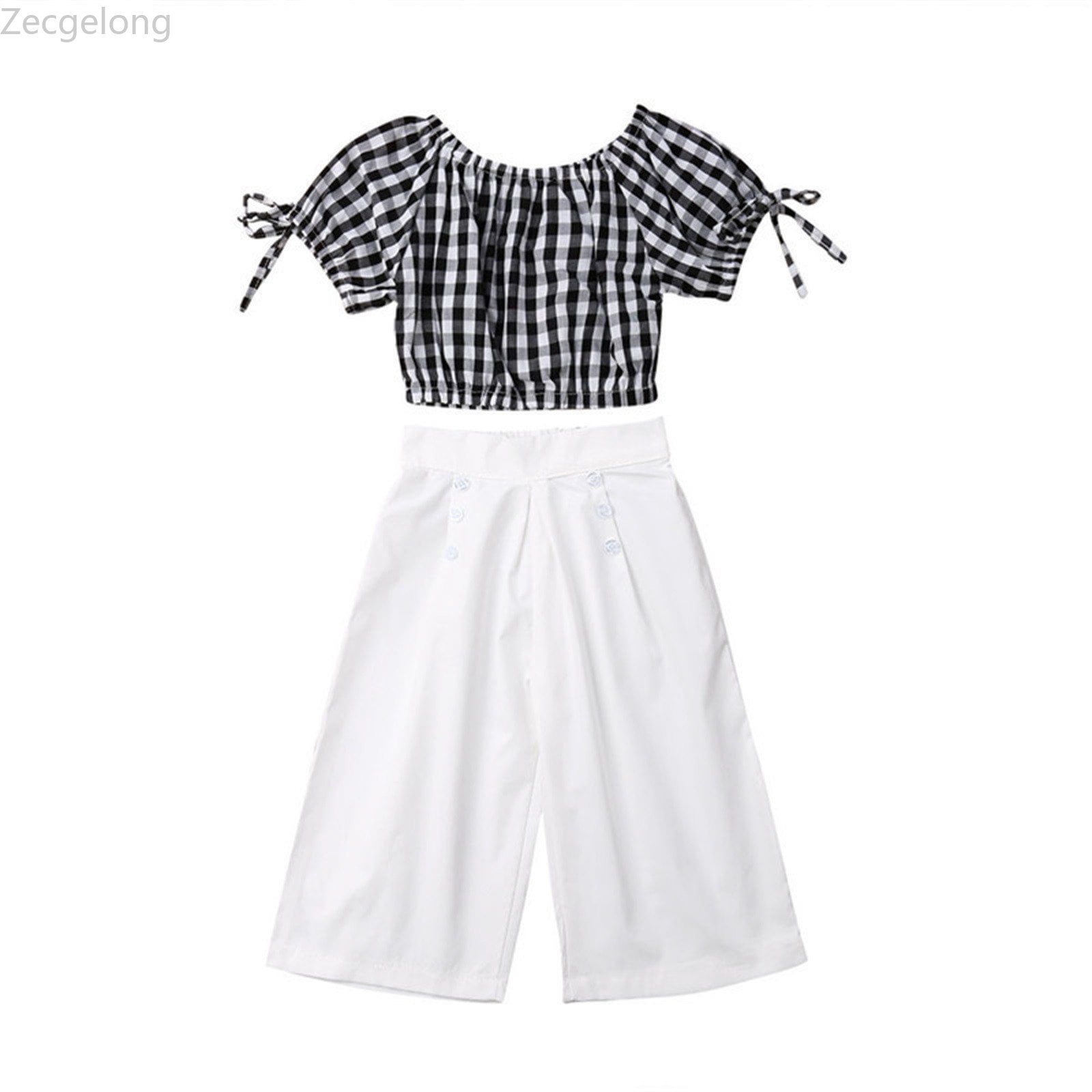 Zecgelong Set Of Girls' And Young Girls' Plaid Pants And Short Sleeved ...