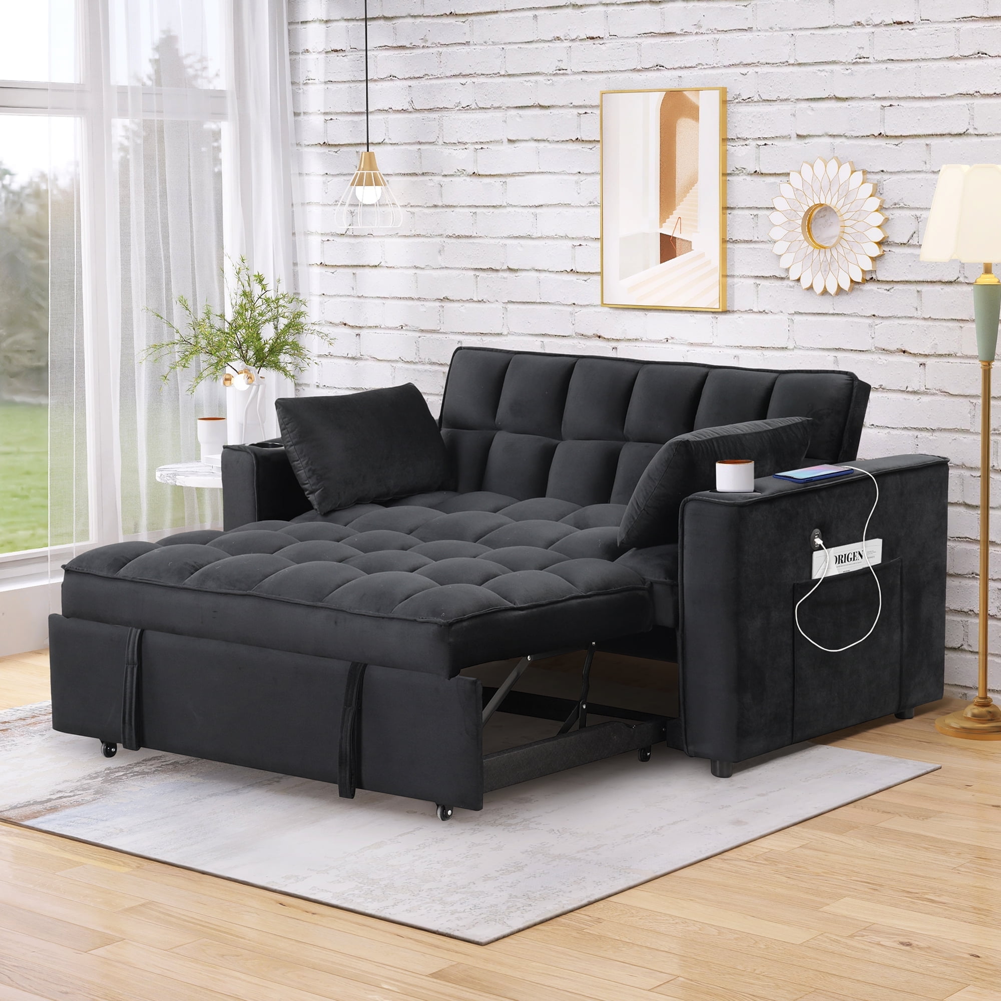 Zechuan 4-in-1 Futon Sofa Bed with Pull Out Bed, Cup Holder, USB ...