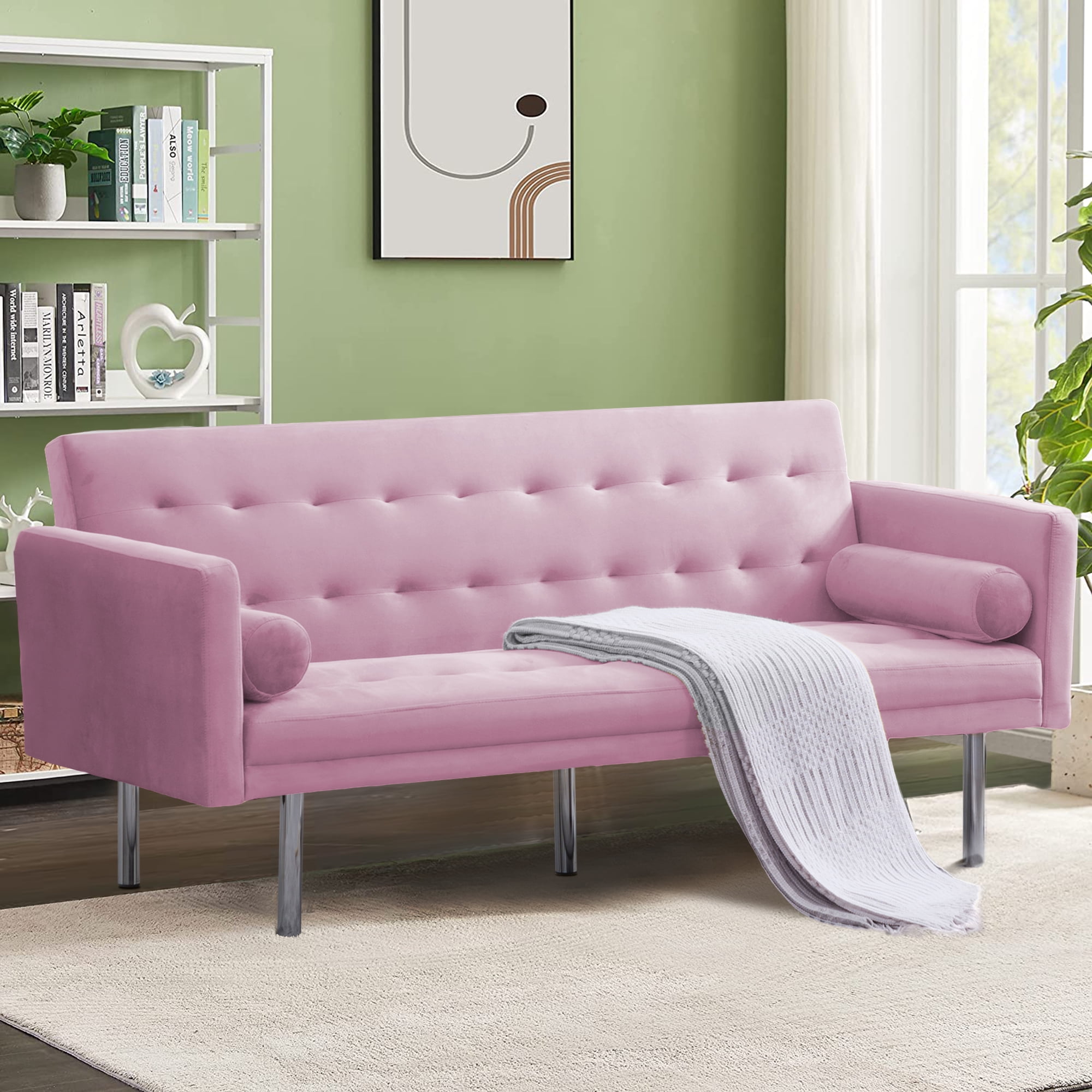 Zechuan Convertible Futon Sofa Bed, Tufted Velvet, Twin Size, Pink, 68. ...