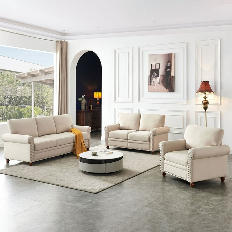 Onbeam Zechuan Living Room Furniture Set Storage 3 Seater Sofa Couch Loveseat Accent Chair 82 inch Chesterfield Sofa for Home and Office Beige