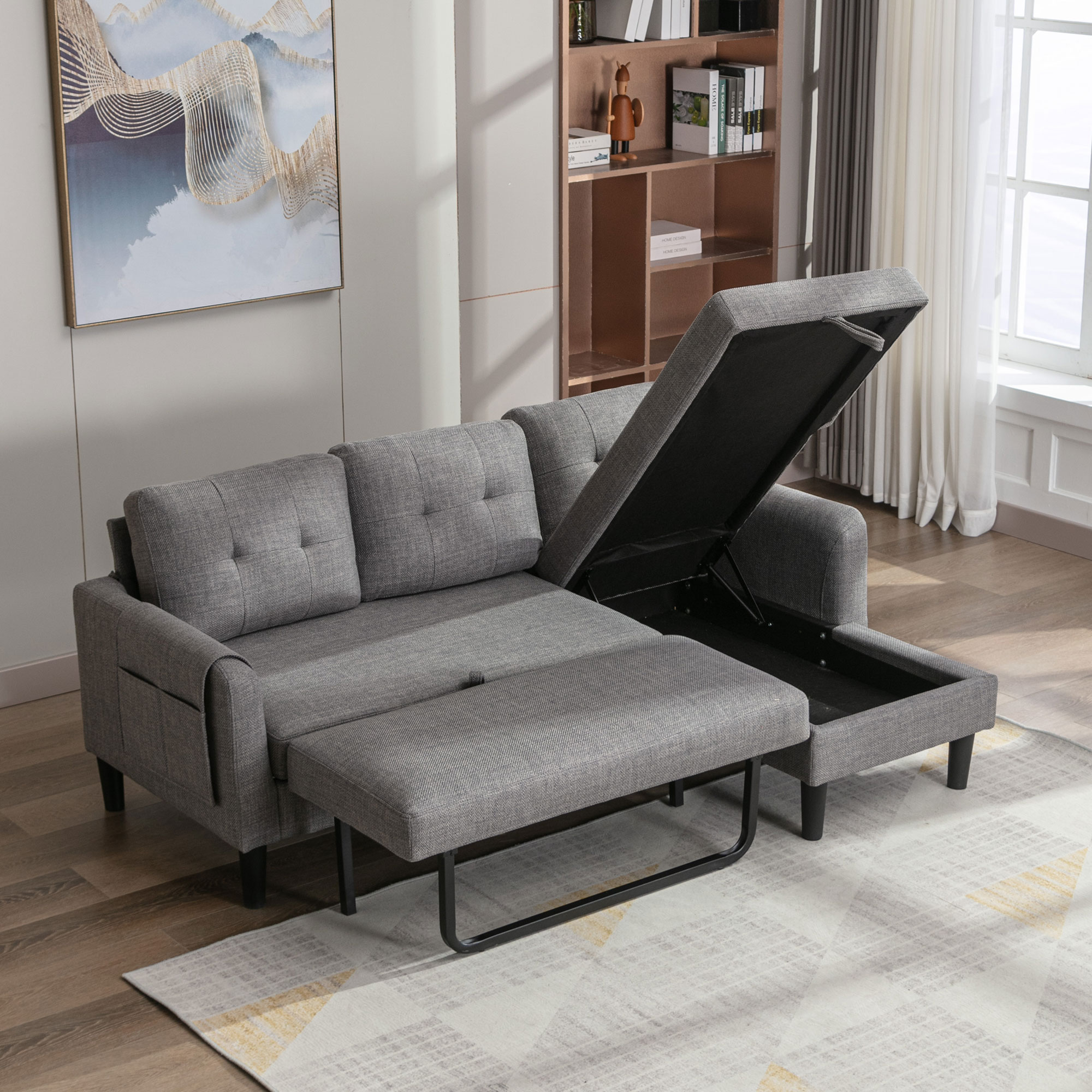 Onbeam Sectional Sofa with Storage Chaise, Living Room L Shaped Sofa Couch with Pull-Out Bed ...