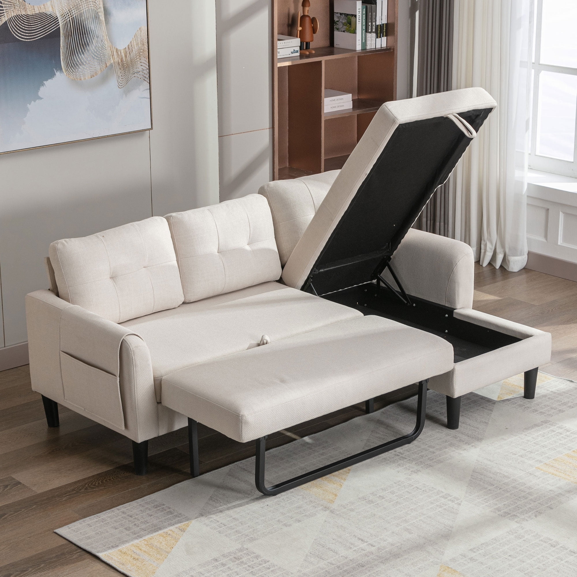 Onbeam Sectional Sofa with Storage Chaise, Living Room L Shaped Sofa Couch with Pull-out Bed ...