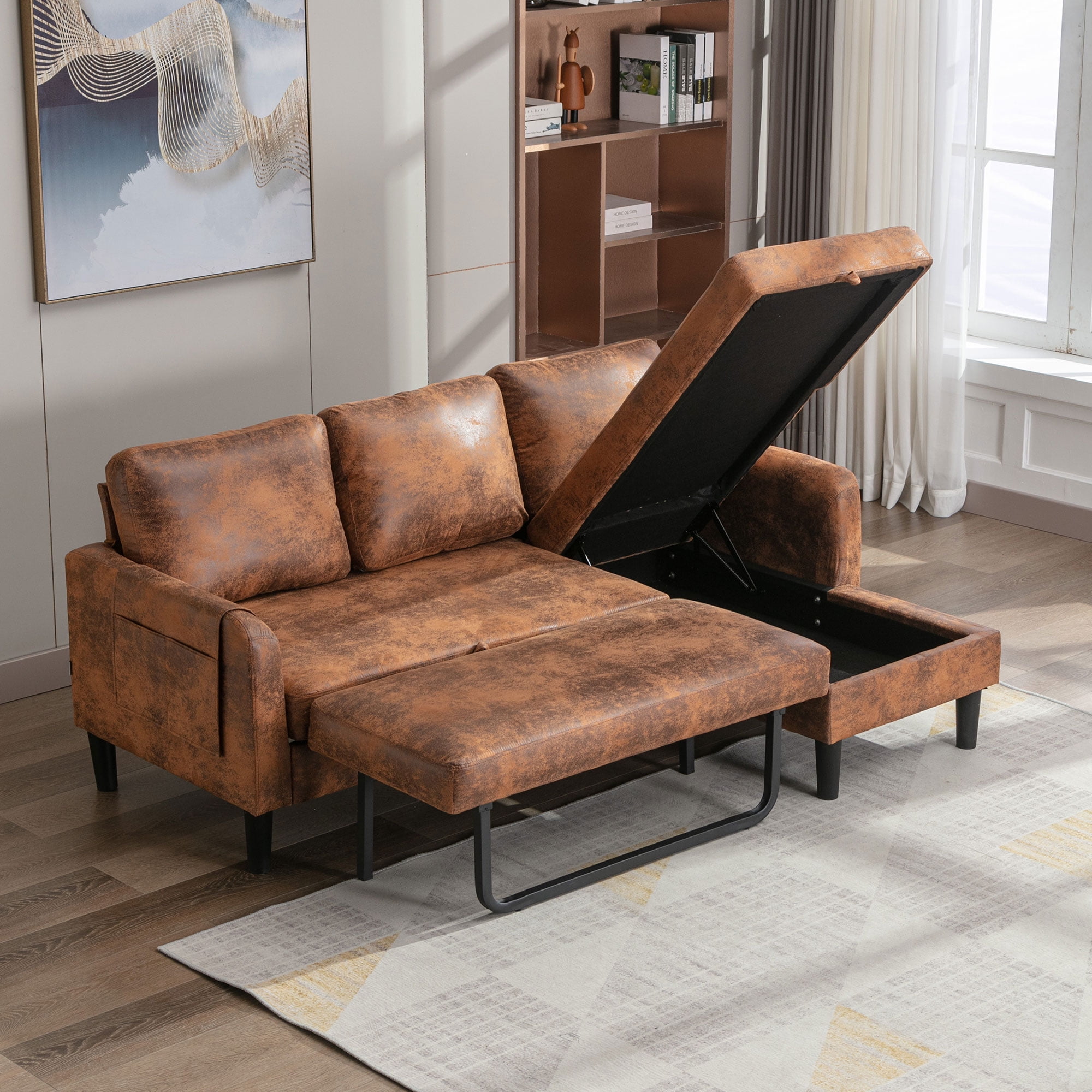 Onbeam Sectional Sofa with Storage Chaise, Living Room L Shaped Sofa Couch with Pull-out Bed ...