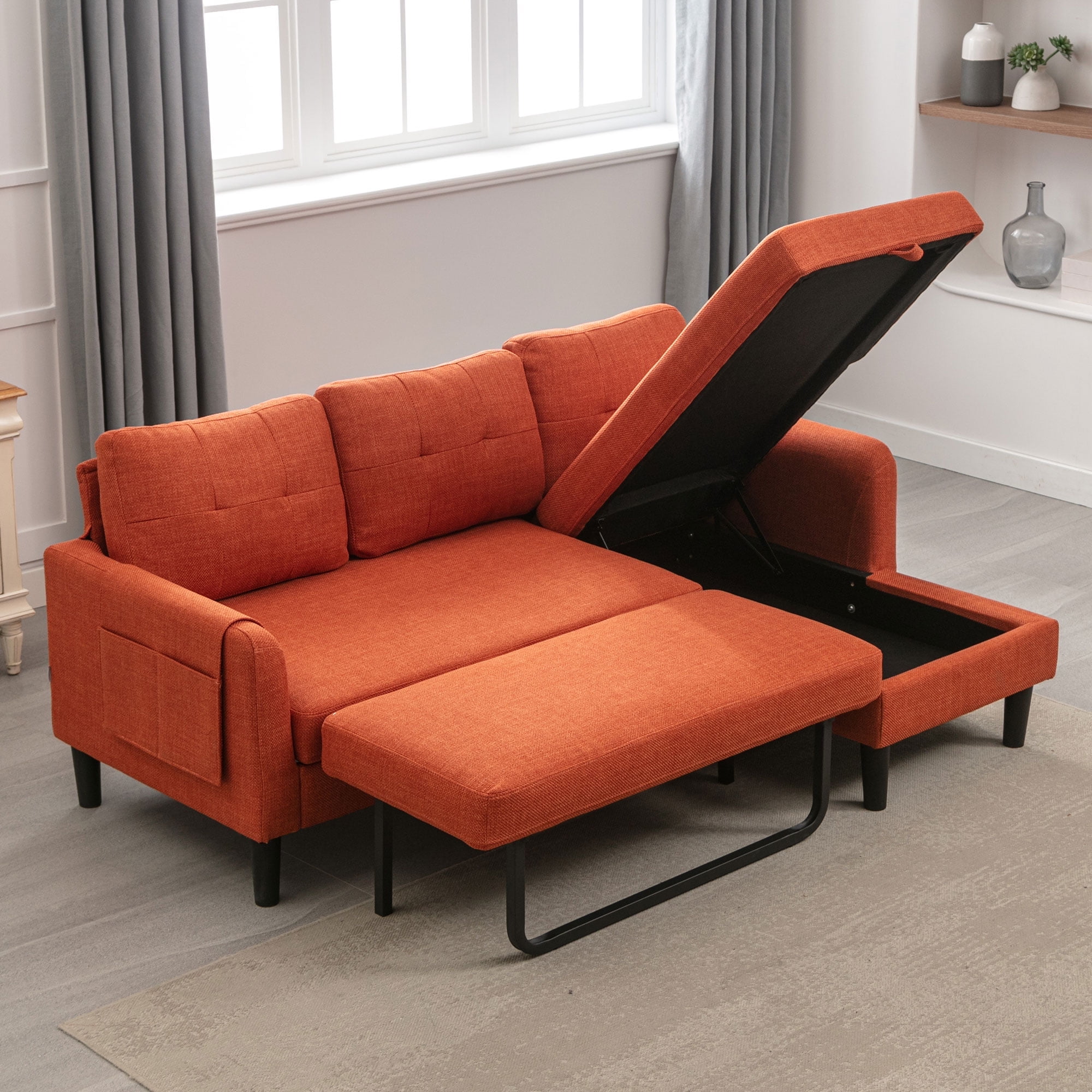 Onbeam Sectional Sofa with Storage Chaise, Living Room L Shaped Sofa Couch with Pull-out Bed ...