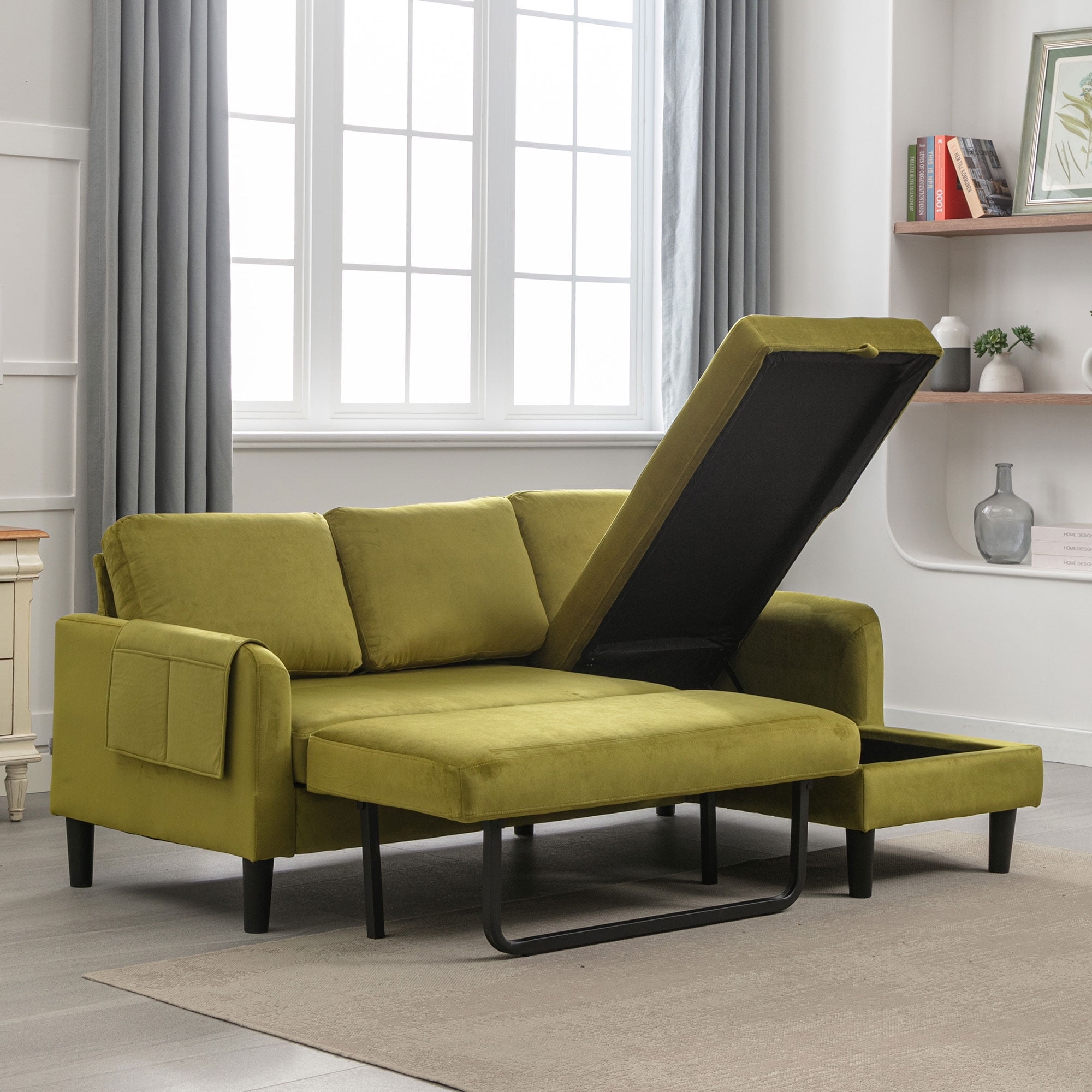 Zechuan Velvet Reversible L-Shaped Sofa-Bed, Sectional Couch with Storage, Convertible for Small ...