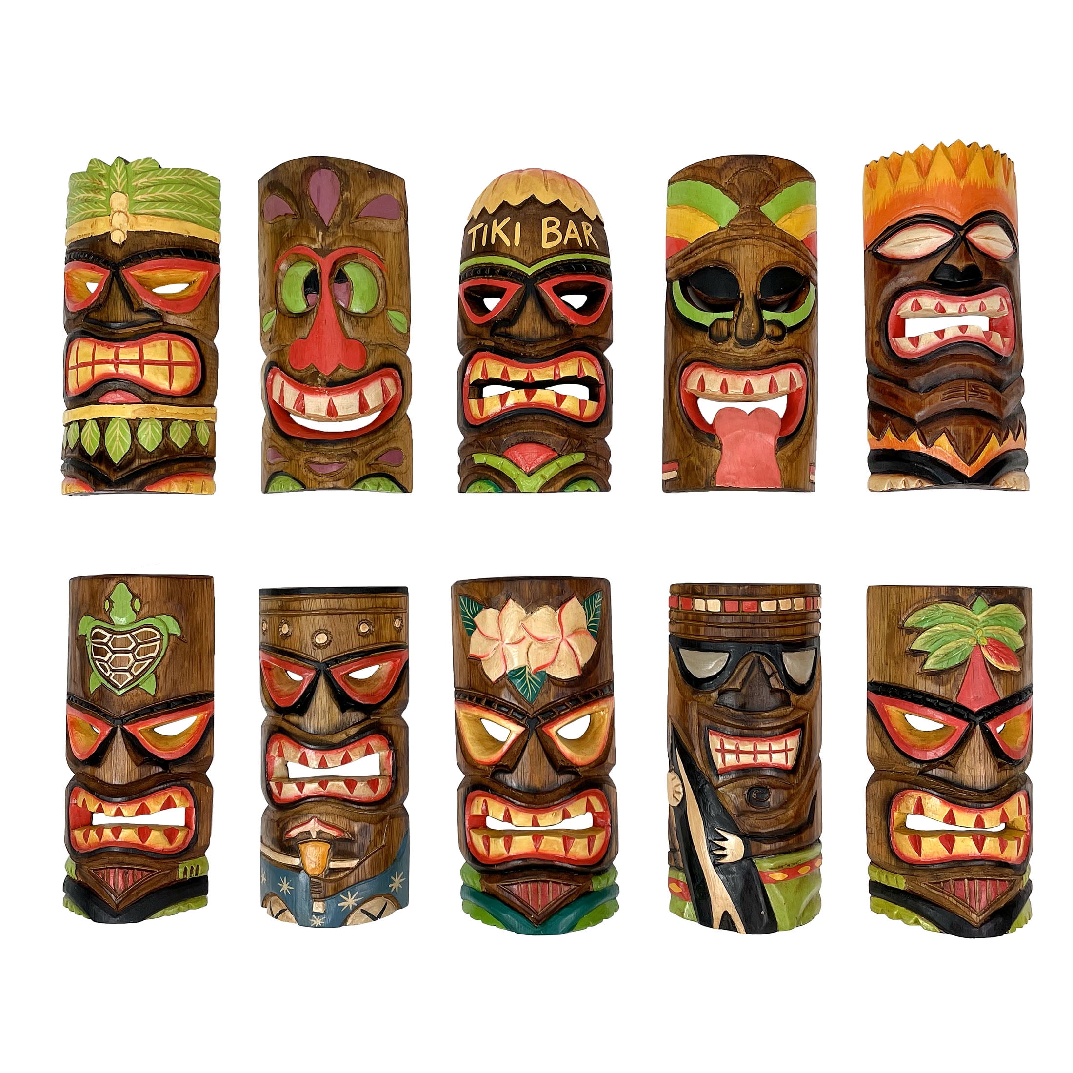 Zeckos 10 inch Multicolor Hand Carved Wood Tiki Mask Wall Decor Set of ...