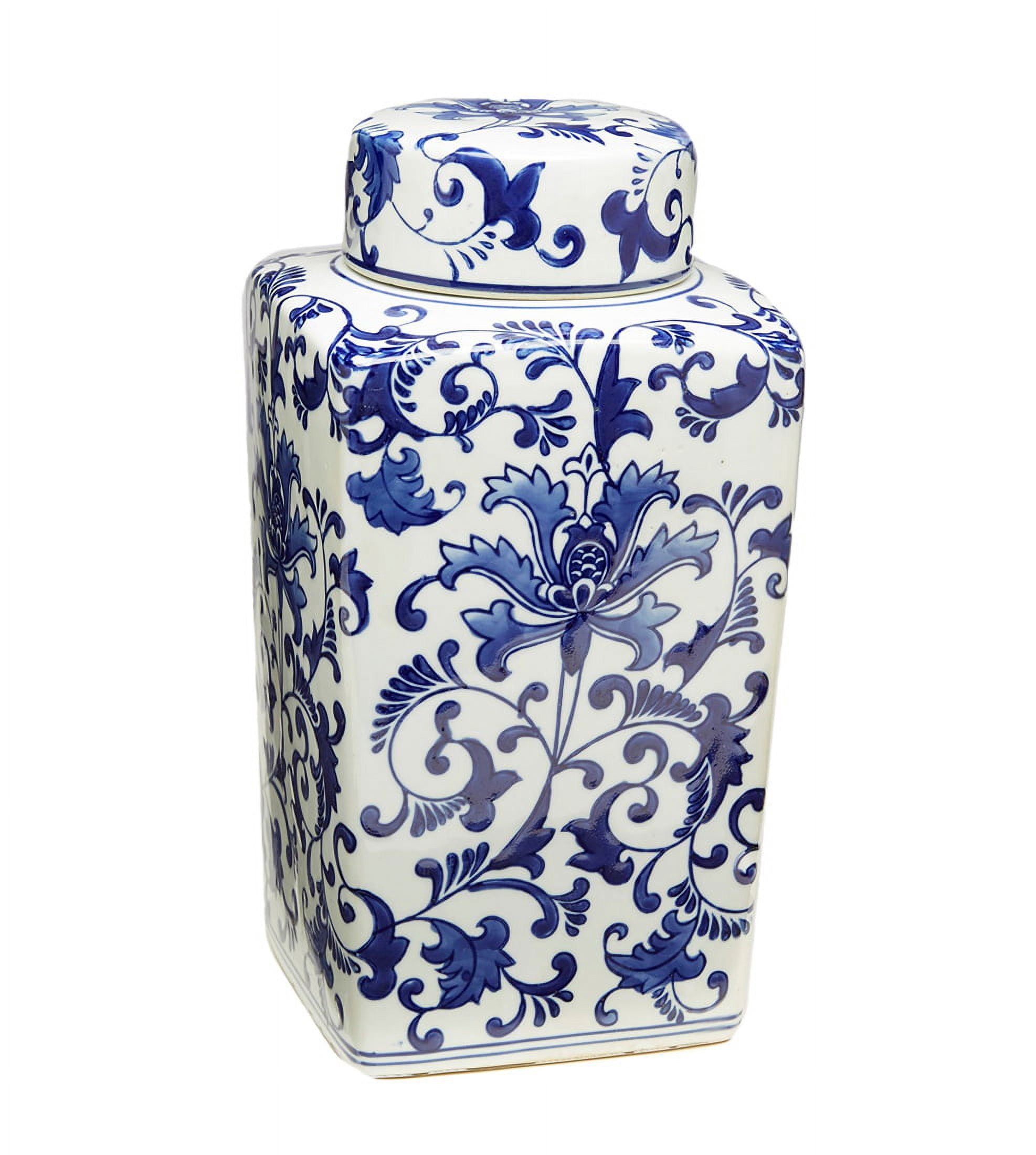 Zeckos 12 1/4 inch Tall Blue And White Floral Square Jar With Lid ...