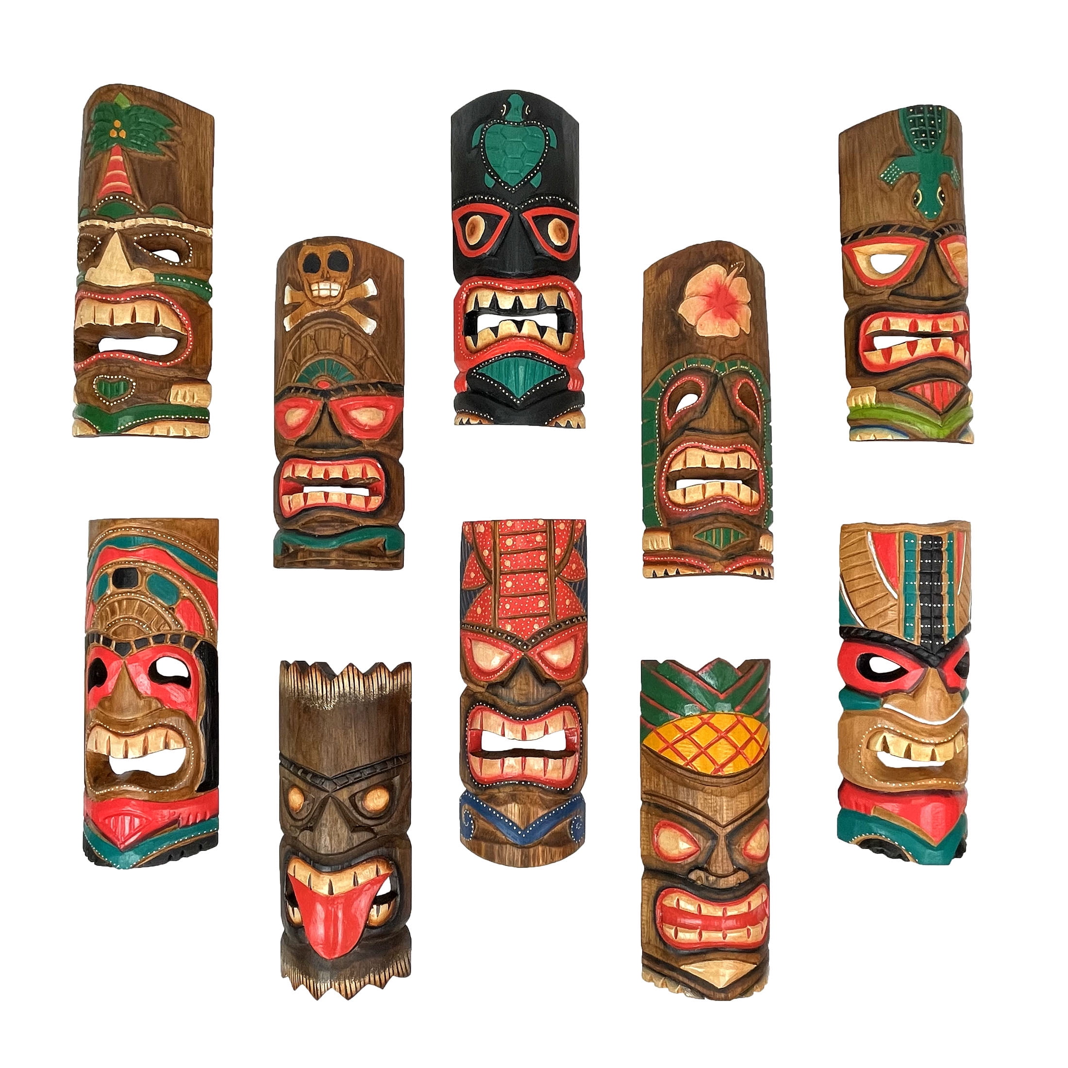 Zeckos 12 inch Wood Multicolor Tiki Mask Wall Hanging Art Set of 10 ...