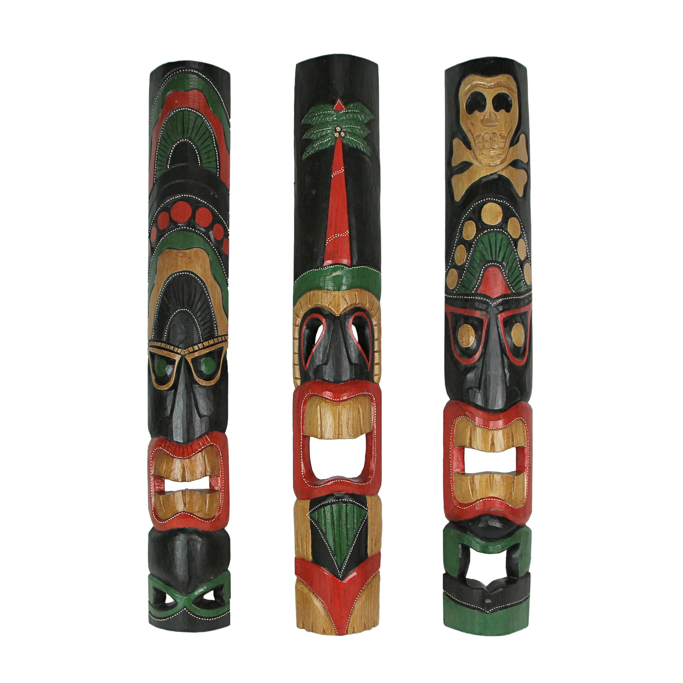 Zeckos 39 inch Wood Carved Tiki Mask Wall Hanging Tropical Decor Set of ...