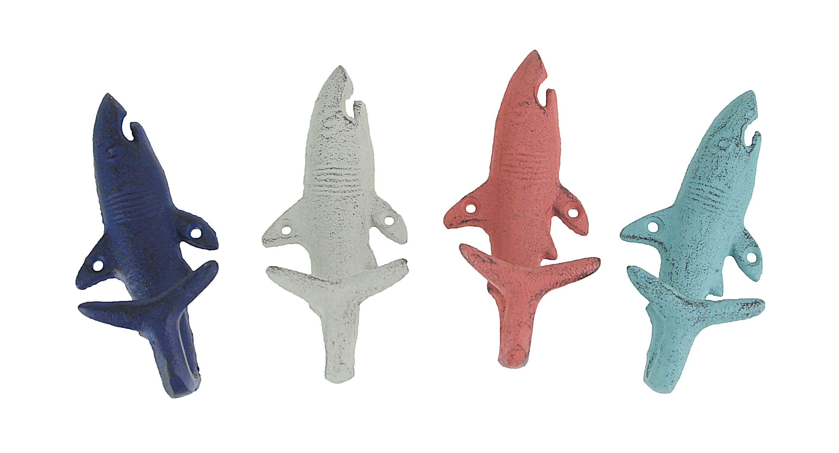 Zeckos Cast Iron Coastal Shark Tail Wall Hooks Hanging Decor Set of 4 ...